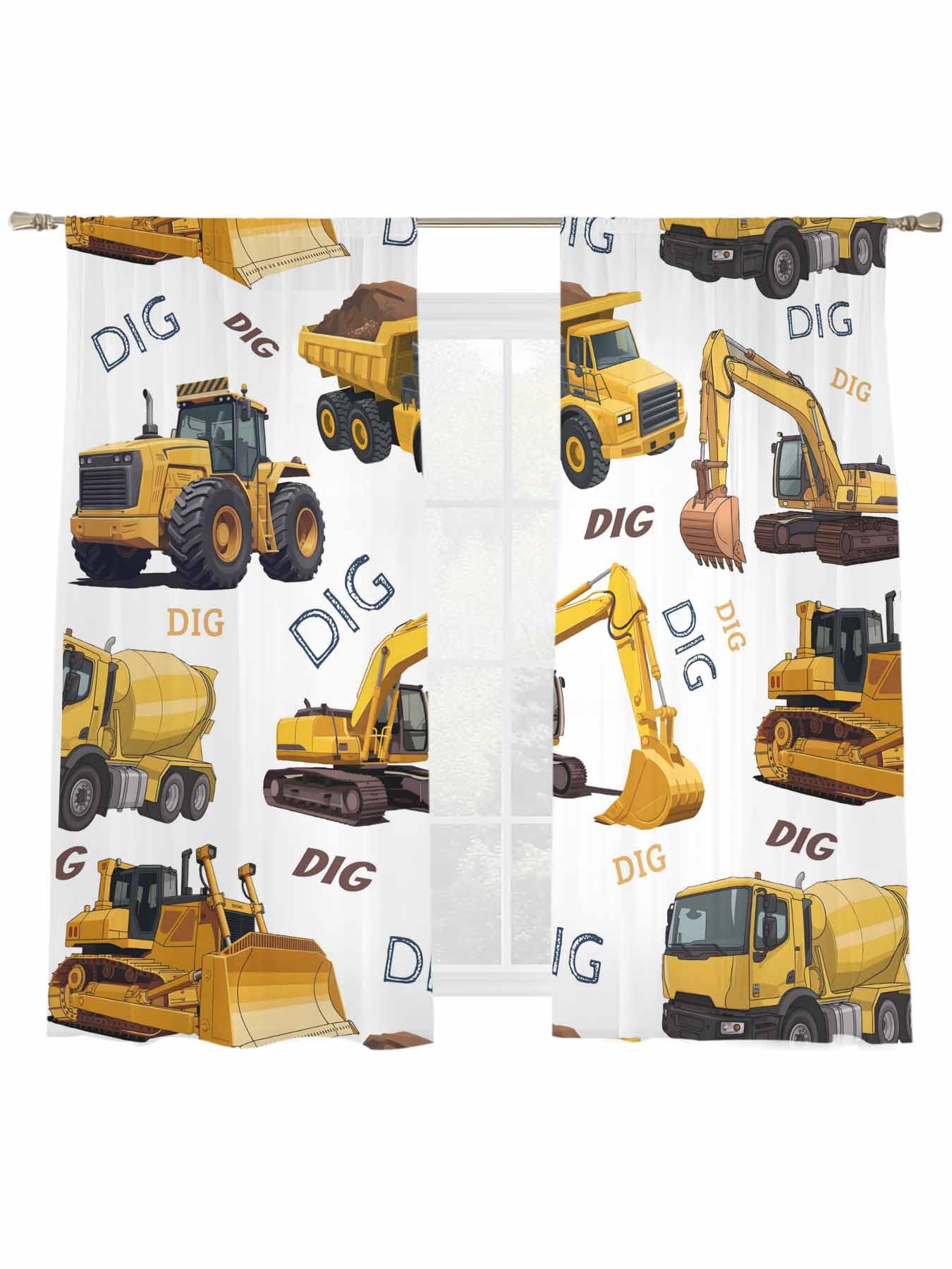 DIG Letter Sheer Curtains 2 Panels Set Cartoon Excavator Yellow ...