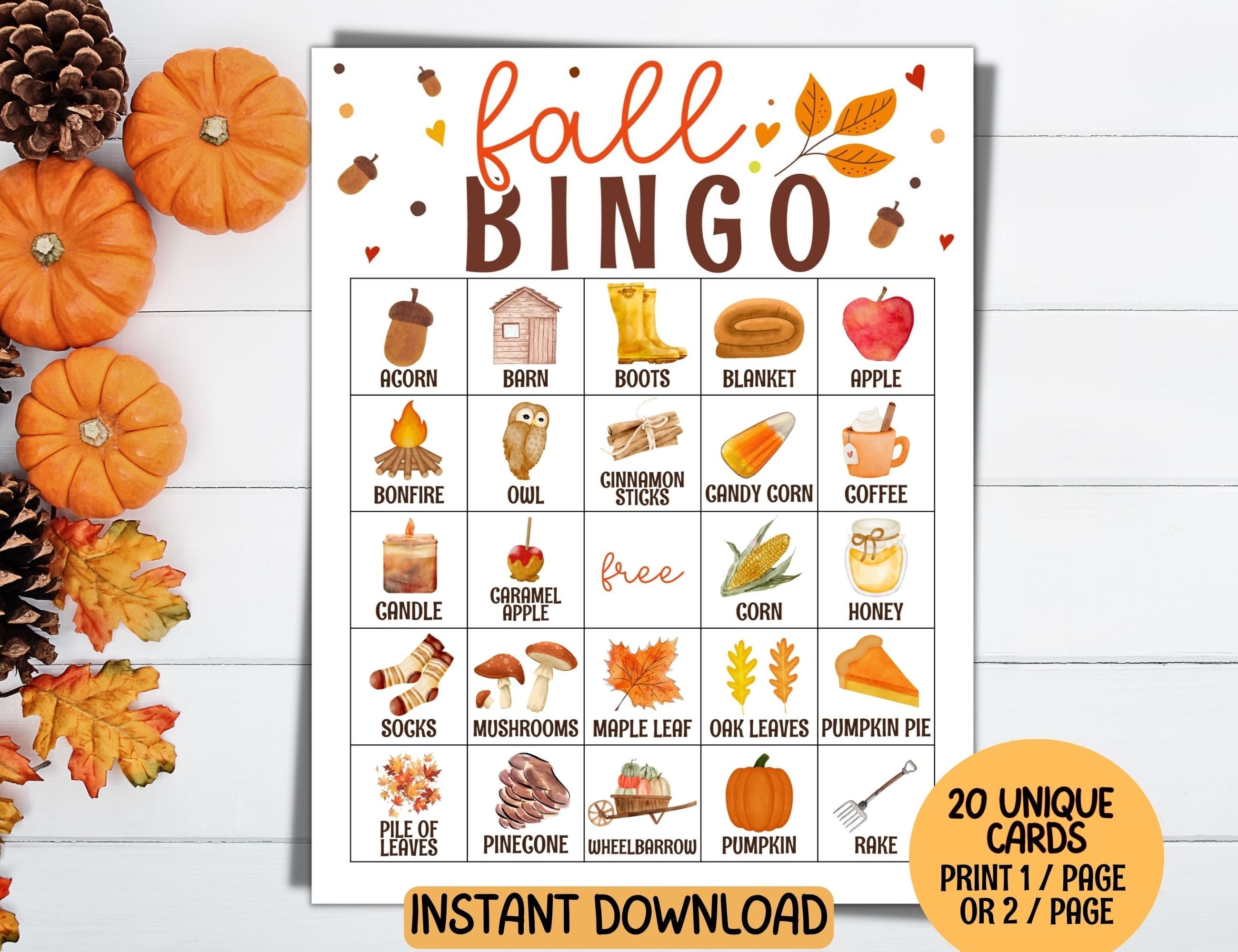 DIGITAL DOWNLOAD 20 Fall Bingo Cards, Printable Autumn Party Game for ...