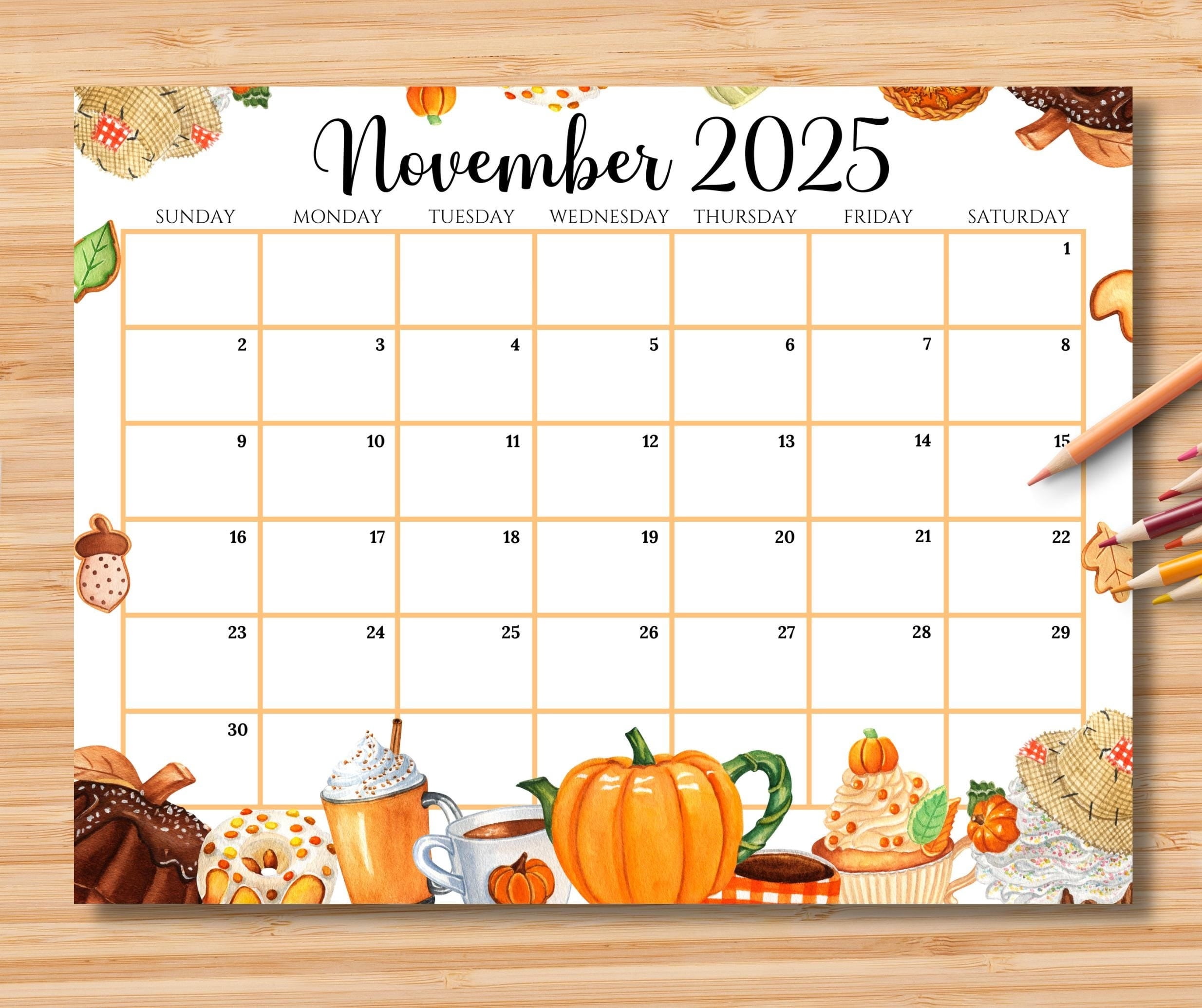 DIGITAL DOWNLOAD November 2025 Calendar, Happy Thanksgiving Planner ...