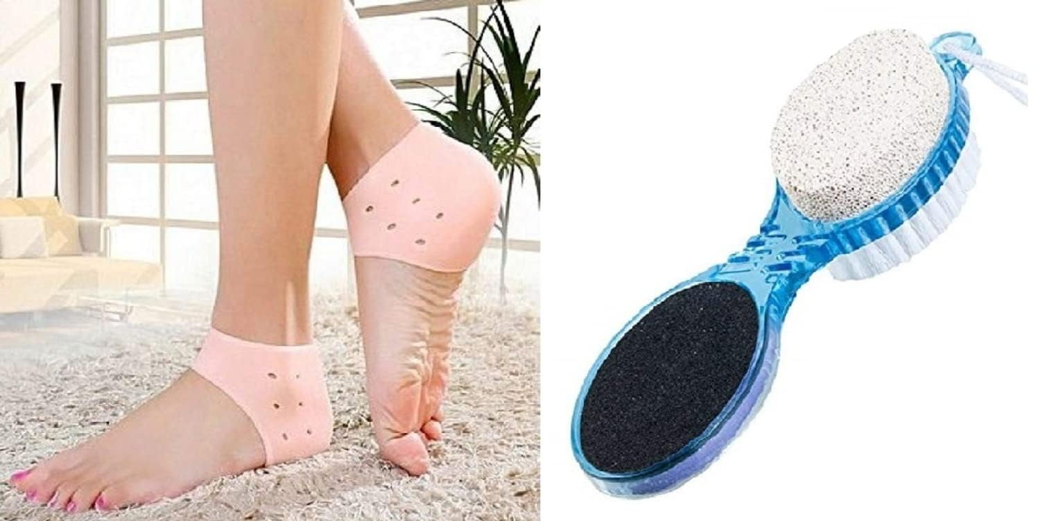 DIGSMORDEN 4 In 1 Foot Pedicure Brush With 2 Pcs BATHING Loofah Pumice Stone Scrubber File For ...