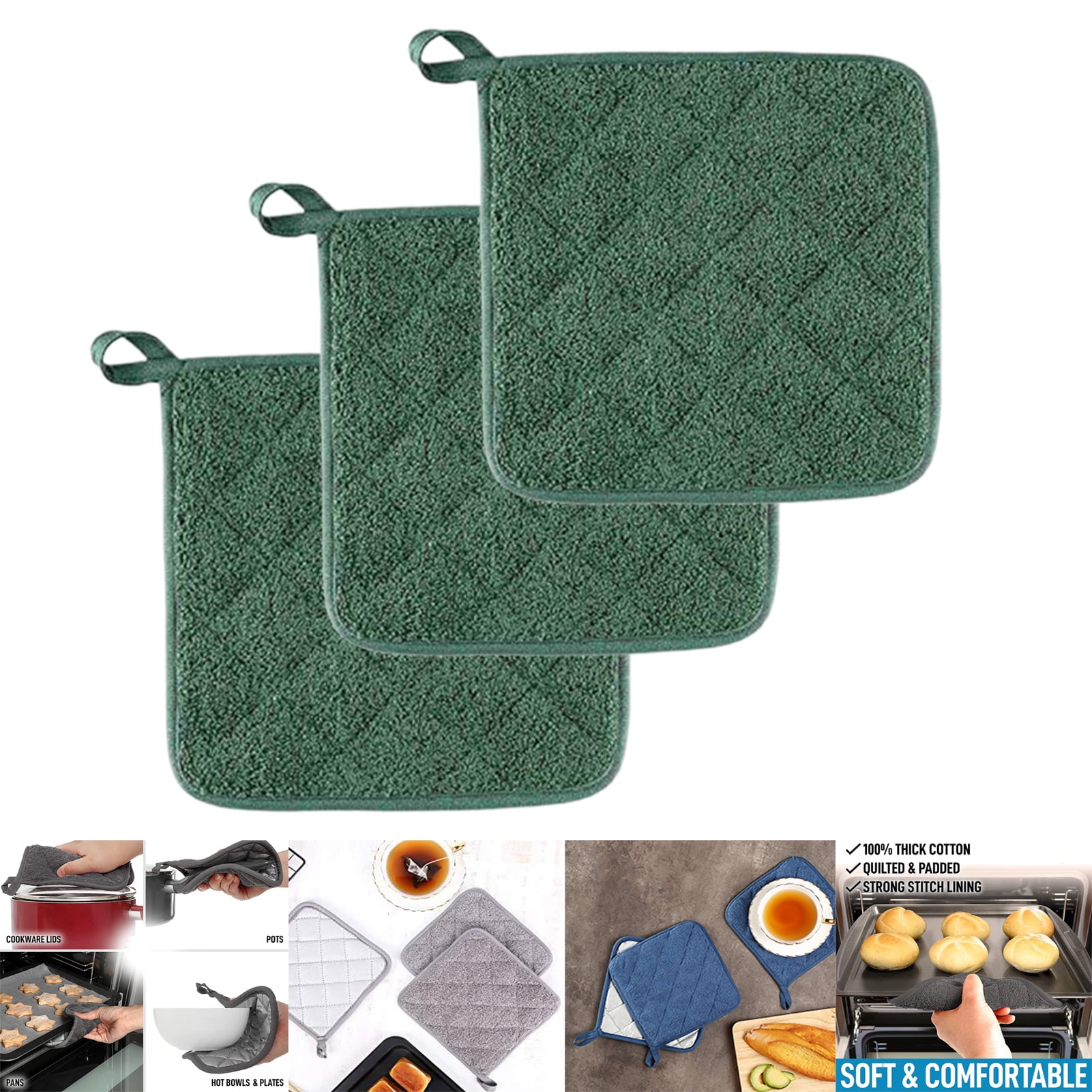 DII Blueberry Terry Cotton Potholder, Heat Resistant, Set of 3, Machine Washable with Hanging ...