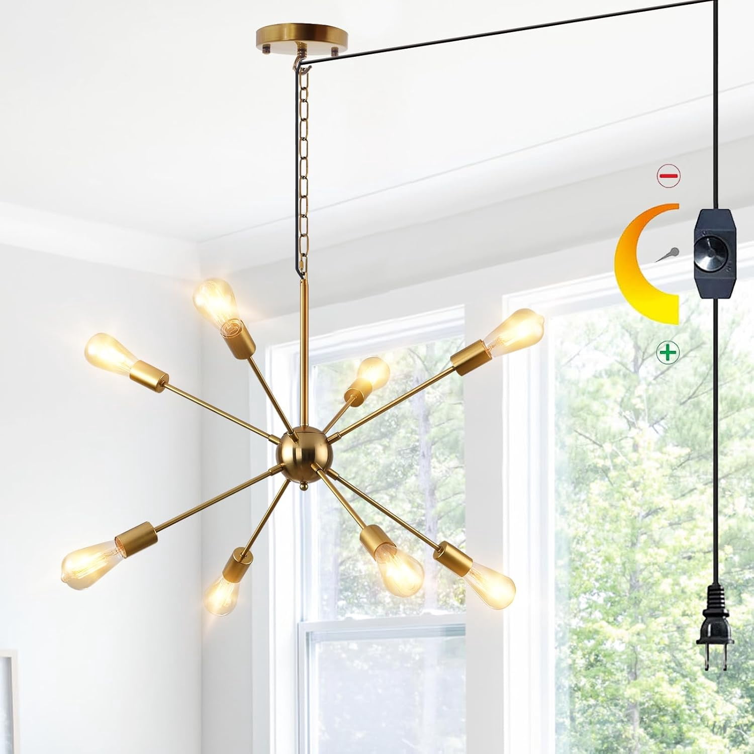 DIMMABLE 26.3" Modern Plug in Sputnik Chandelier with Cord, Brushed ...