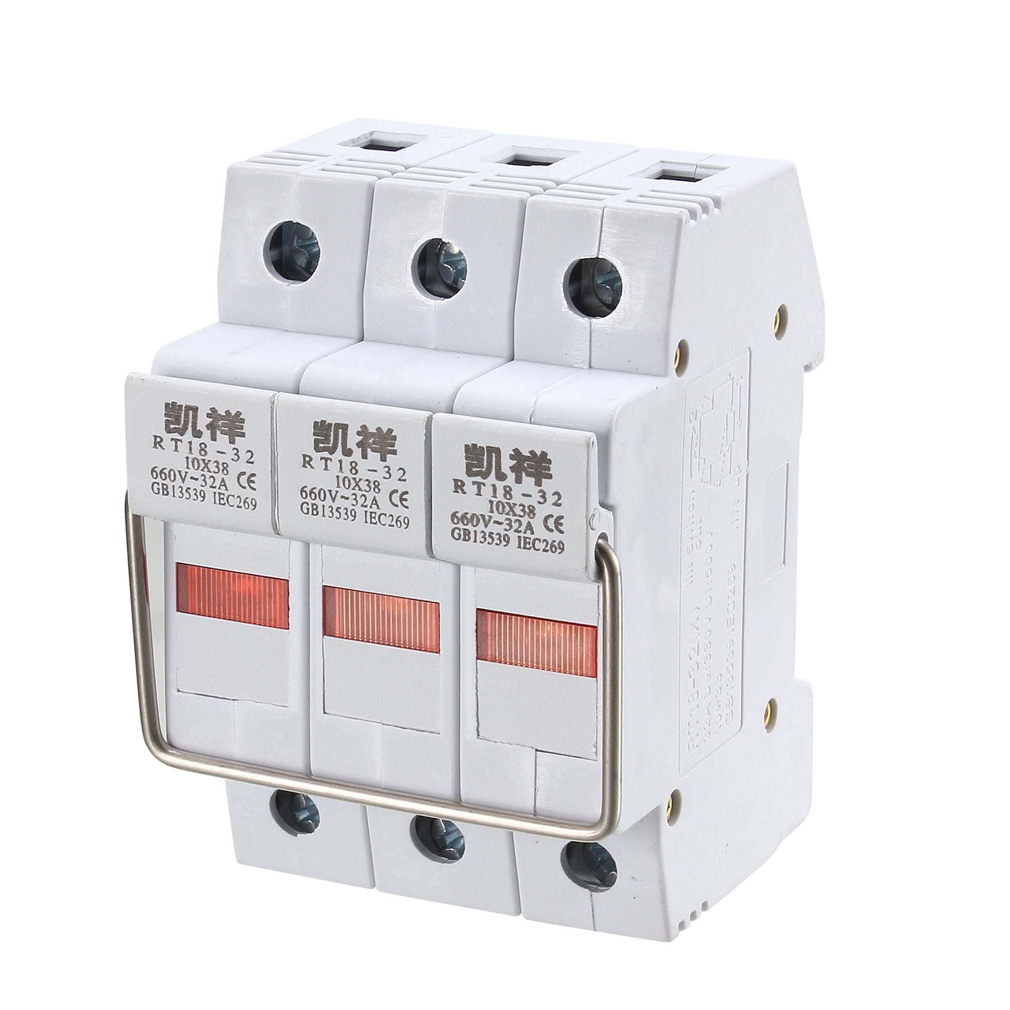 DIN Rail Mount Fuse Holder 3 Pole RT18-32 10mmx38mm w Indicator Light ...