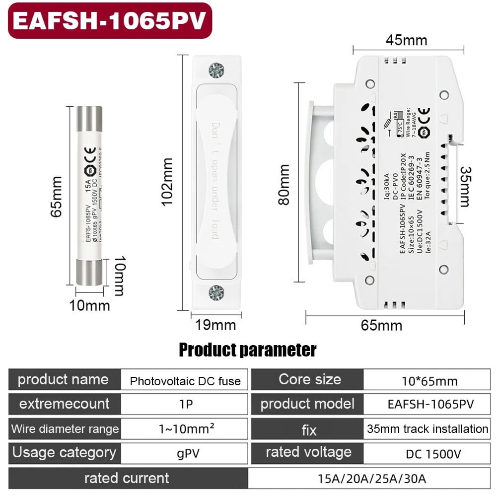 DIN rail solar photovoltaic DC fuse holder with light DC 1500V 10x65 ...