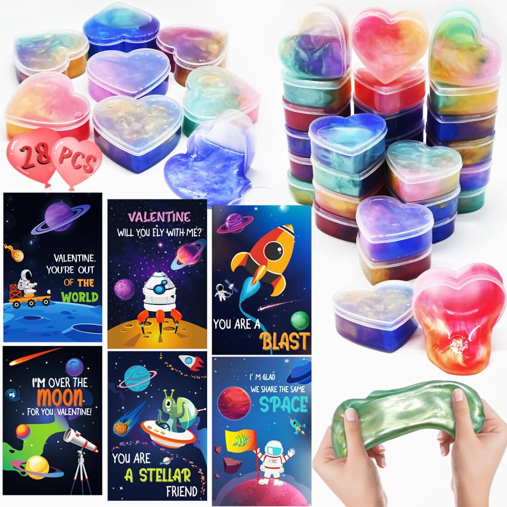 DINESIL 28 Packs Valentines SE33 Galaxy Slime with Space Valentines ...