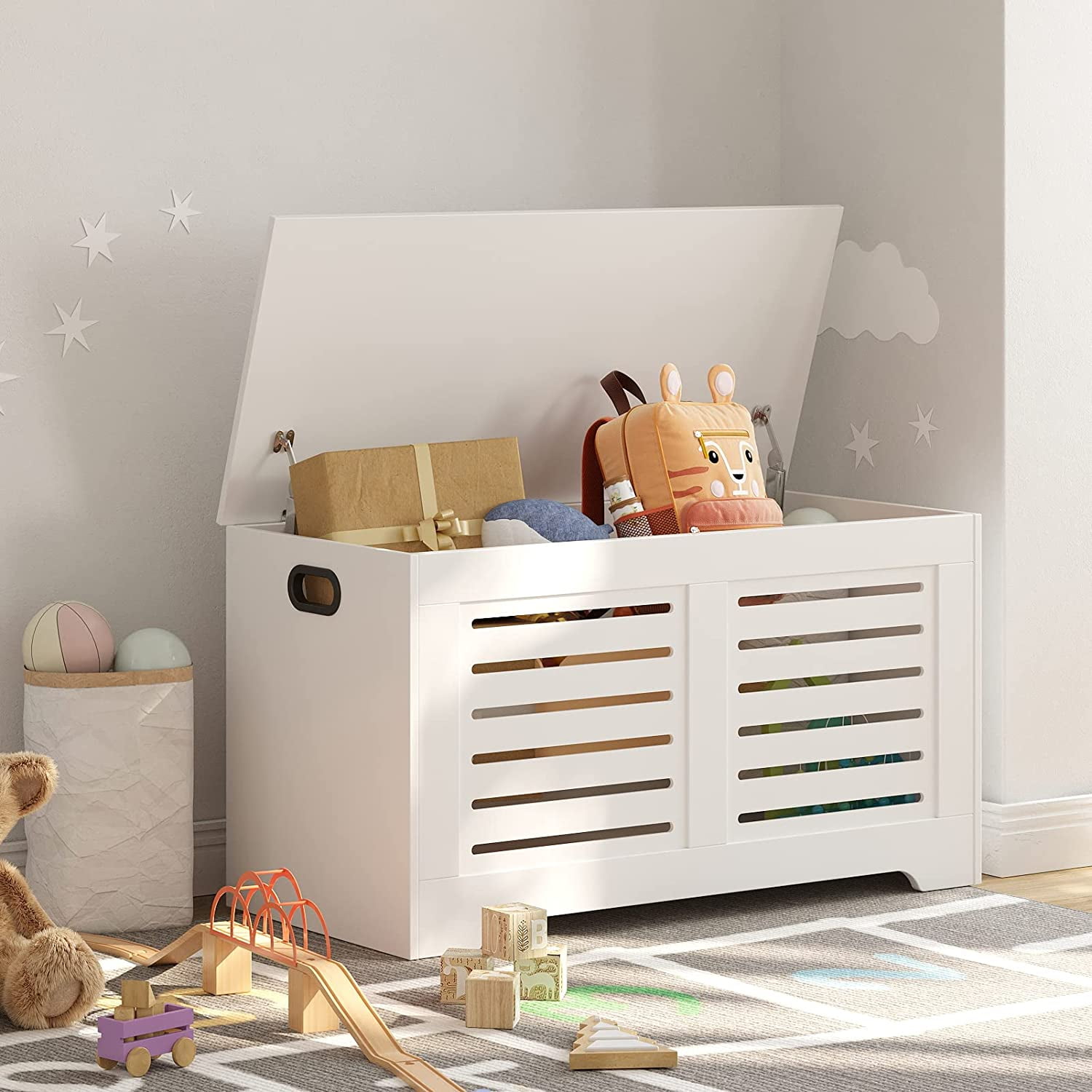 DINZI LVJ Storage Chest, Flip-Top Wooden Toy Box with 2 Safety Hinges ...