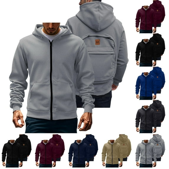 DIOAZUD Backpack Hoodie for Men Full Zip Up Travel Hoodies Solid Long ...