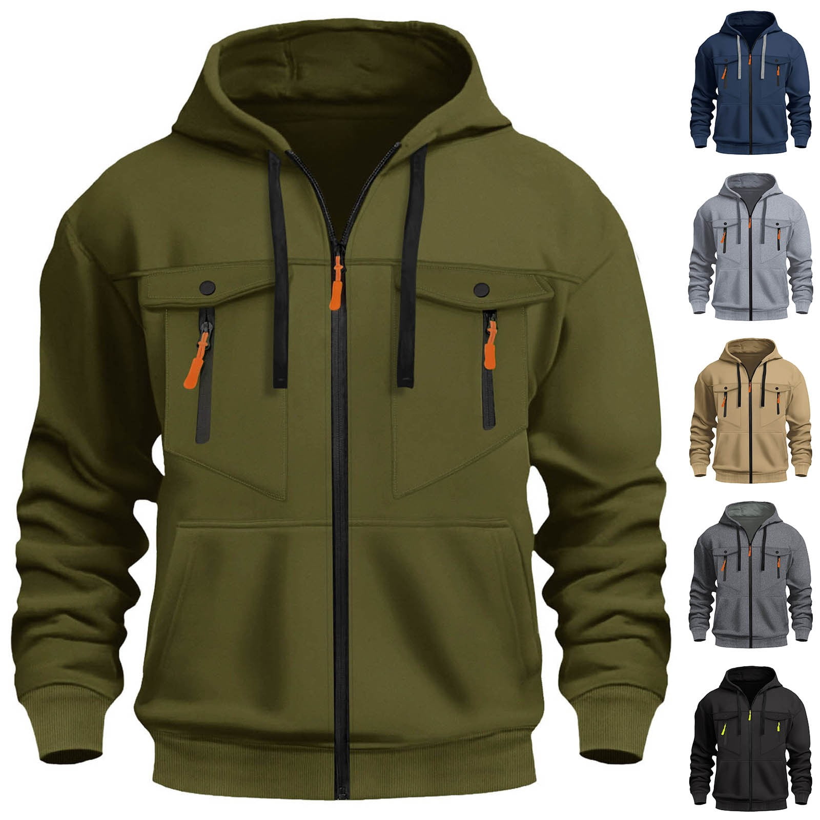 DIOAZUD Men's Cargo Hoodie Full Zip Up Solid Color Hooded Sweatshirts ...