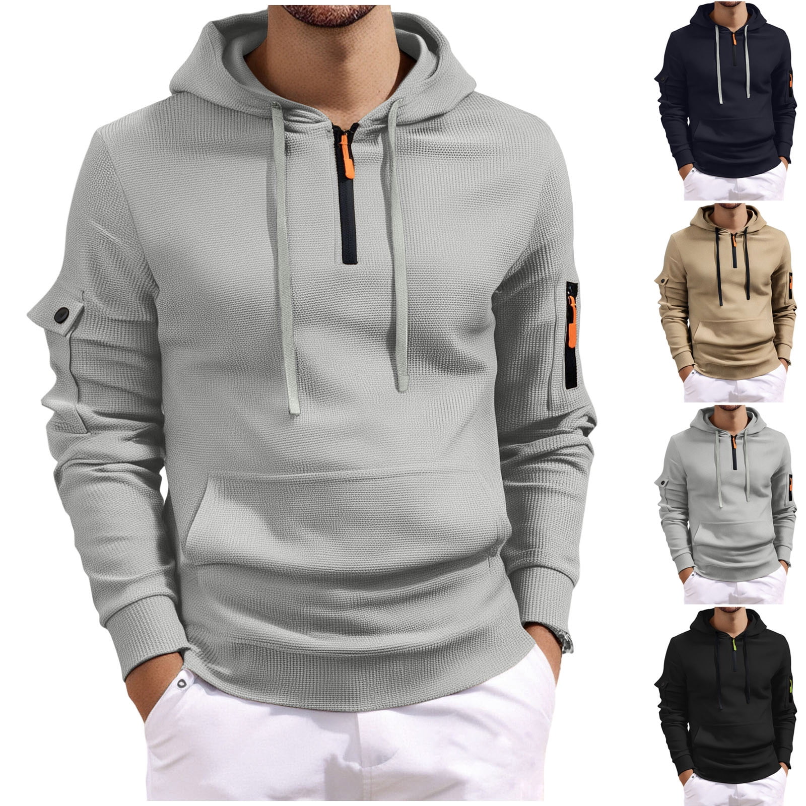 DIOAZUD Men's Cargo Hoodies Quarter Zip Up Hooded Sweatshirts Solid Big ...