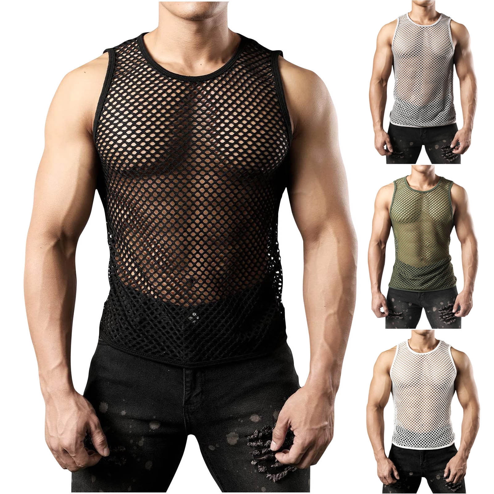 DIOAZUD Men's Fishnet Mesh Tank Top Sleeveless Sheer Muscle Shirt Crew ...