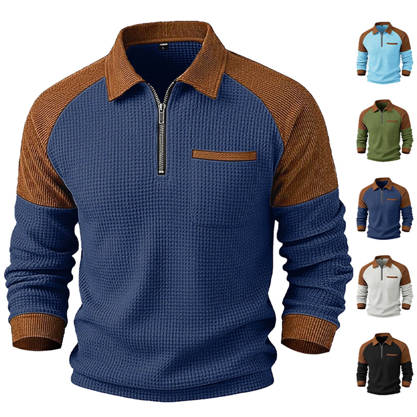 DIOAZUD Men's Long Sleeve Pullover Tops Waffle Corduroy Patchwork ...