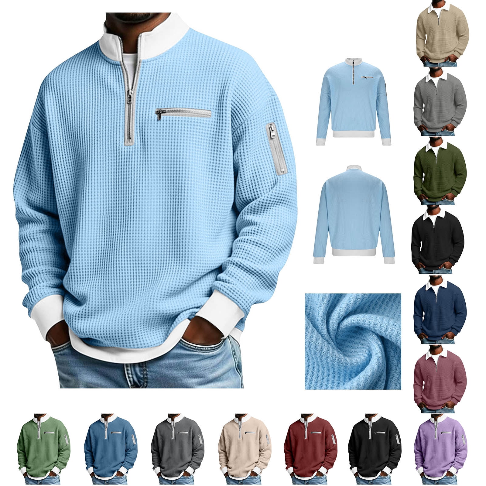 DIOAZUD Men's Quarter Zip Up Pullover Long Sleeve Collared Waffle Tops ...
