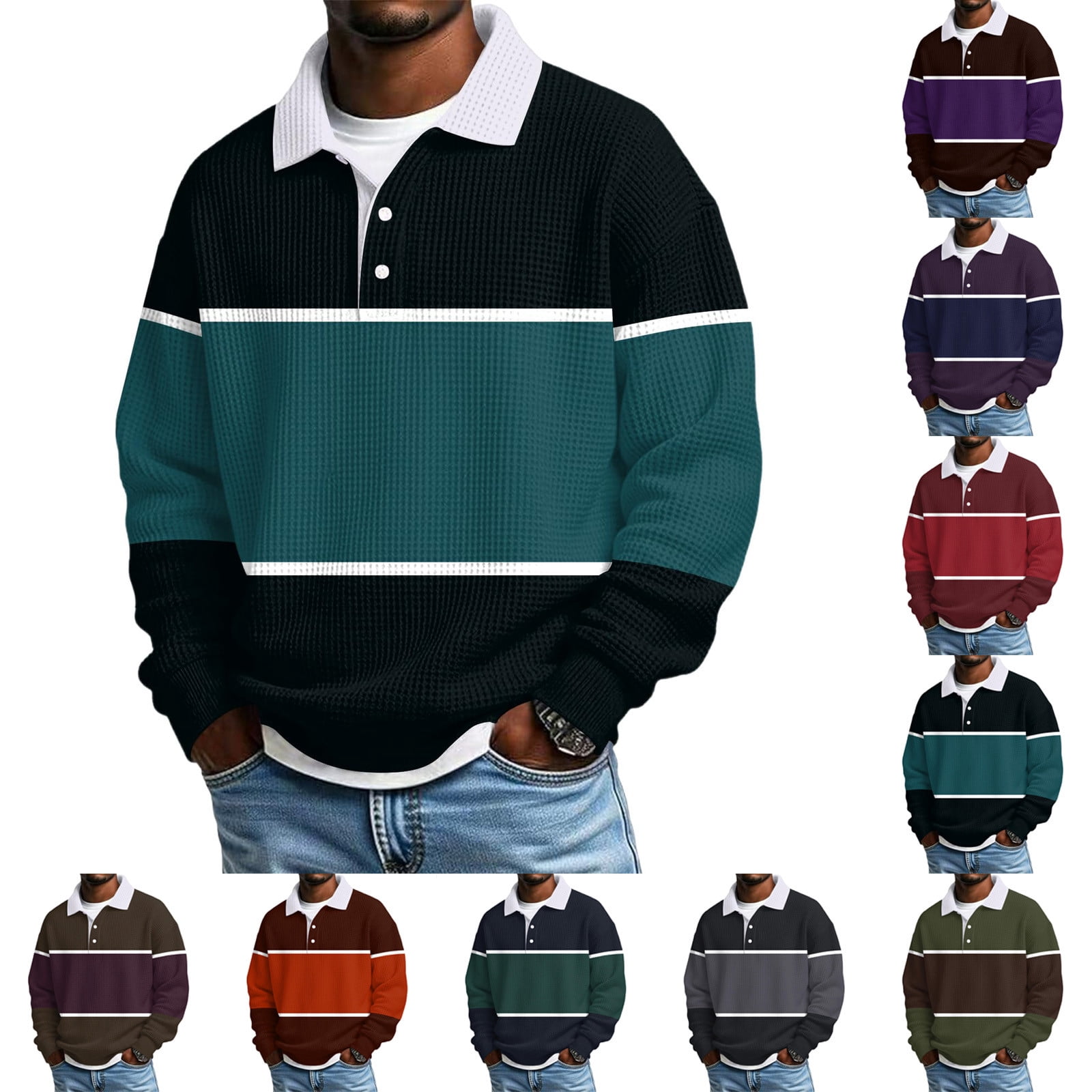 DIOAZUD Men's Waffle Pullover Tops Button Up Lapel Shirts Color Block ...