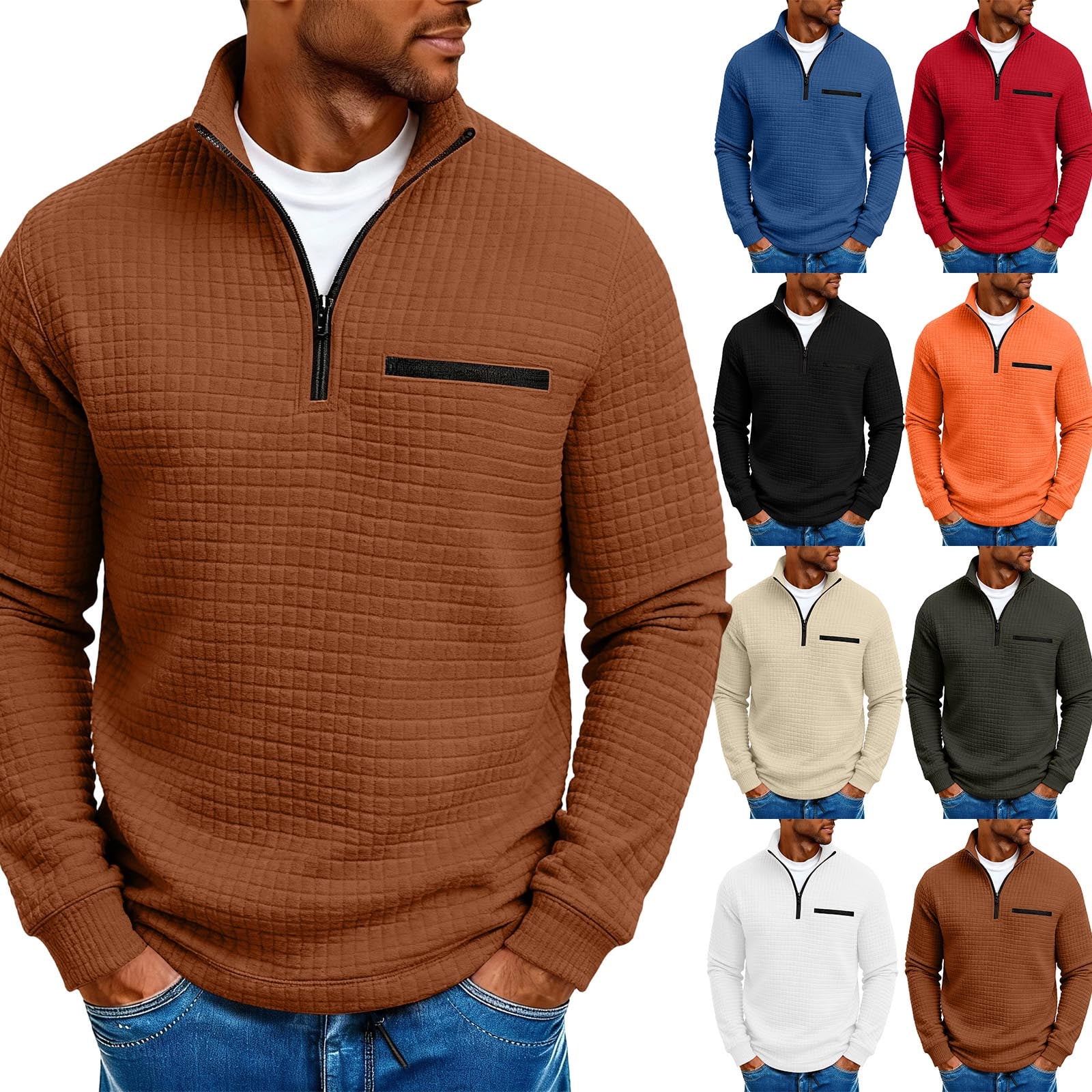 DIOAZUD Mens Quarter Zip Pullover Waffle Long Sleeve Tops Solid Color ...