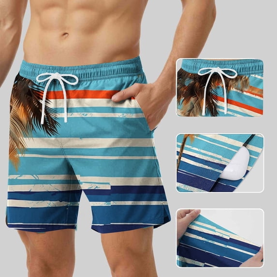 DIOAZUD Mens Swim Trunks with Liner Drawstring Waist Board Shorts Print ...