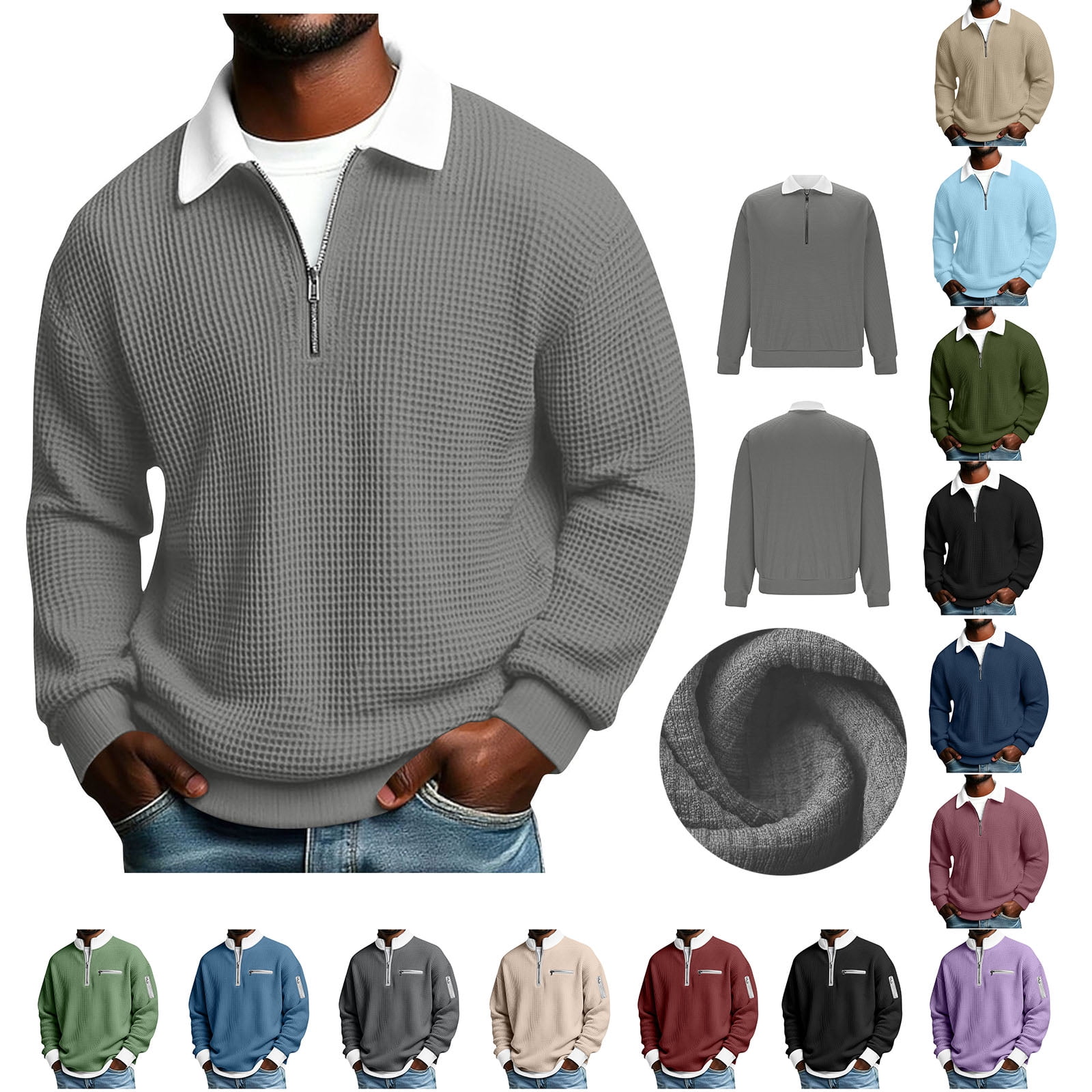 DIOAZUD Quarter Zip Pullover Men Waffle Long Sleeve Lapel Pullovers ...