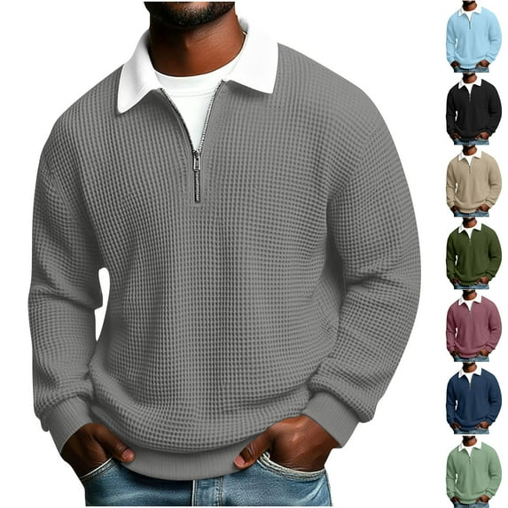 DIOAZUD Quarter Zip Pullover Men Waffle Long Sleeve Lapel Pullovers ...
