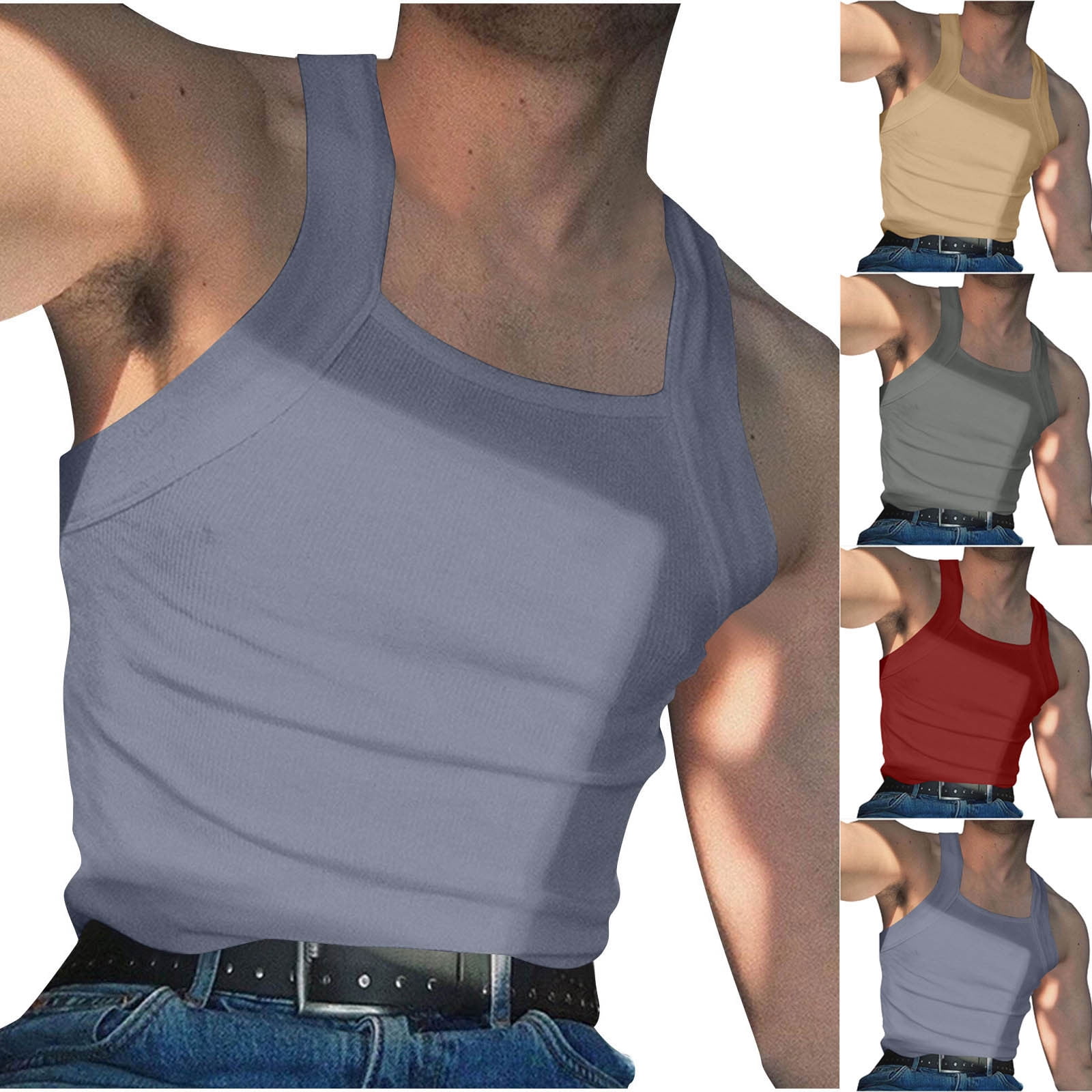 DIOAZUD Tank Tops Men Sleeveless Slim Fit Tank Top Square Neck Solid ...