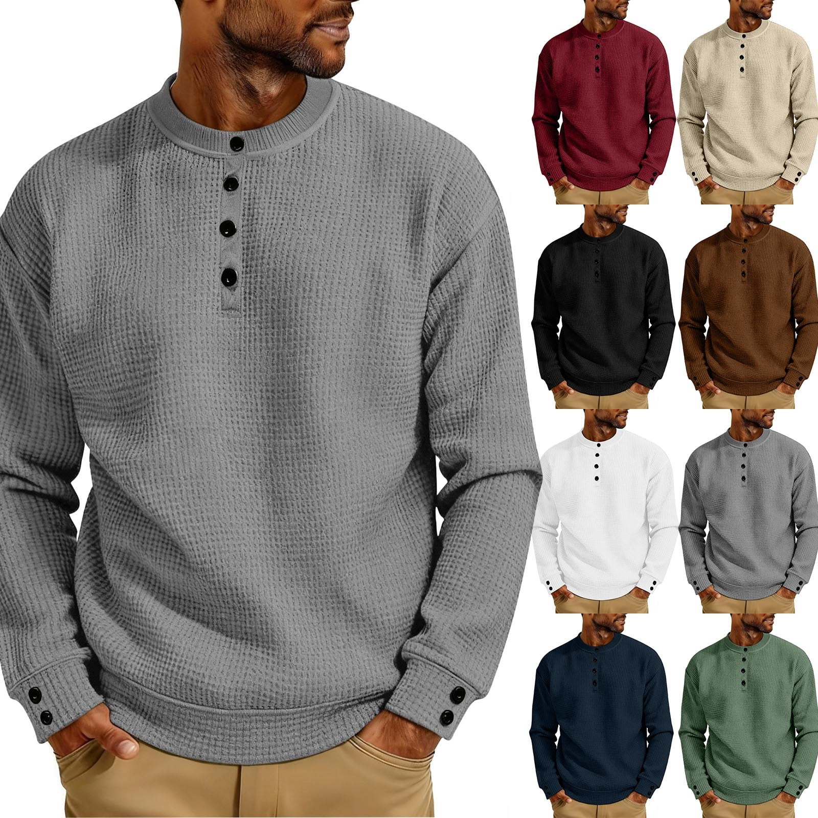 DIOAZUD Waffle Henley Shirts for Men Crew Neck Long Sleeve Pullover ...