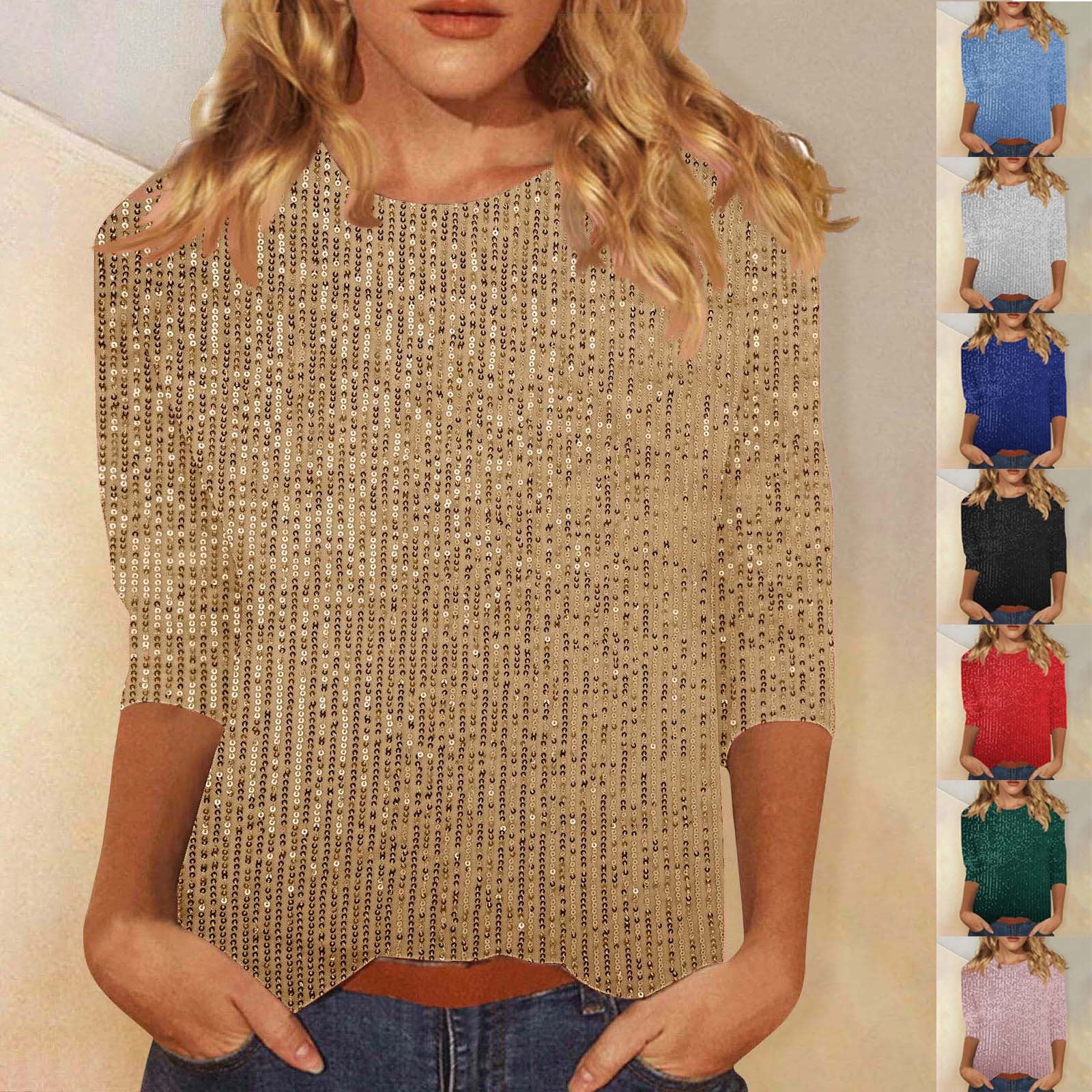 DIOAZUD Women's Sequin Tops 3/4 Sleeves Glitter Dressy Blouses Round ...