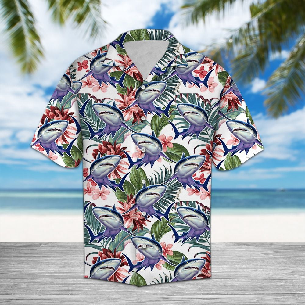 DIQADILA Shark Flower Tropical Aloha Hawaiian Short Sleeve Button-Up ...