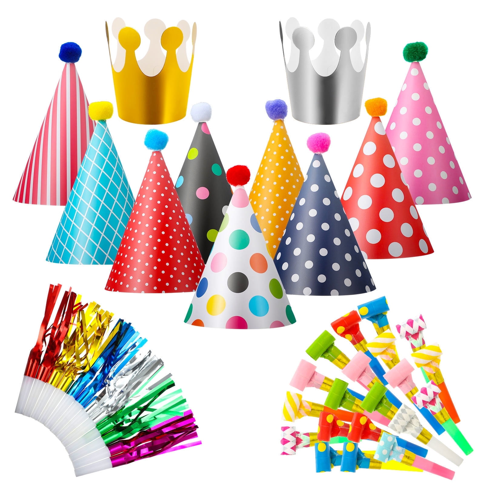 DISEN 38 Pack Party Hats Set, 11PCS Birthday Party Cone Hats Lovely Crown with Pom Poms+15PCS ...