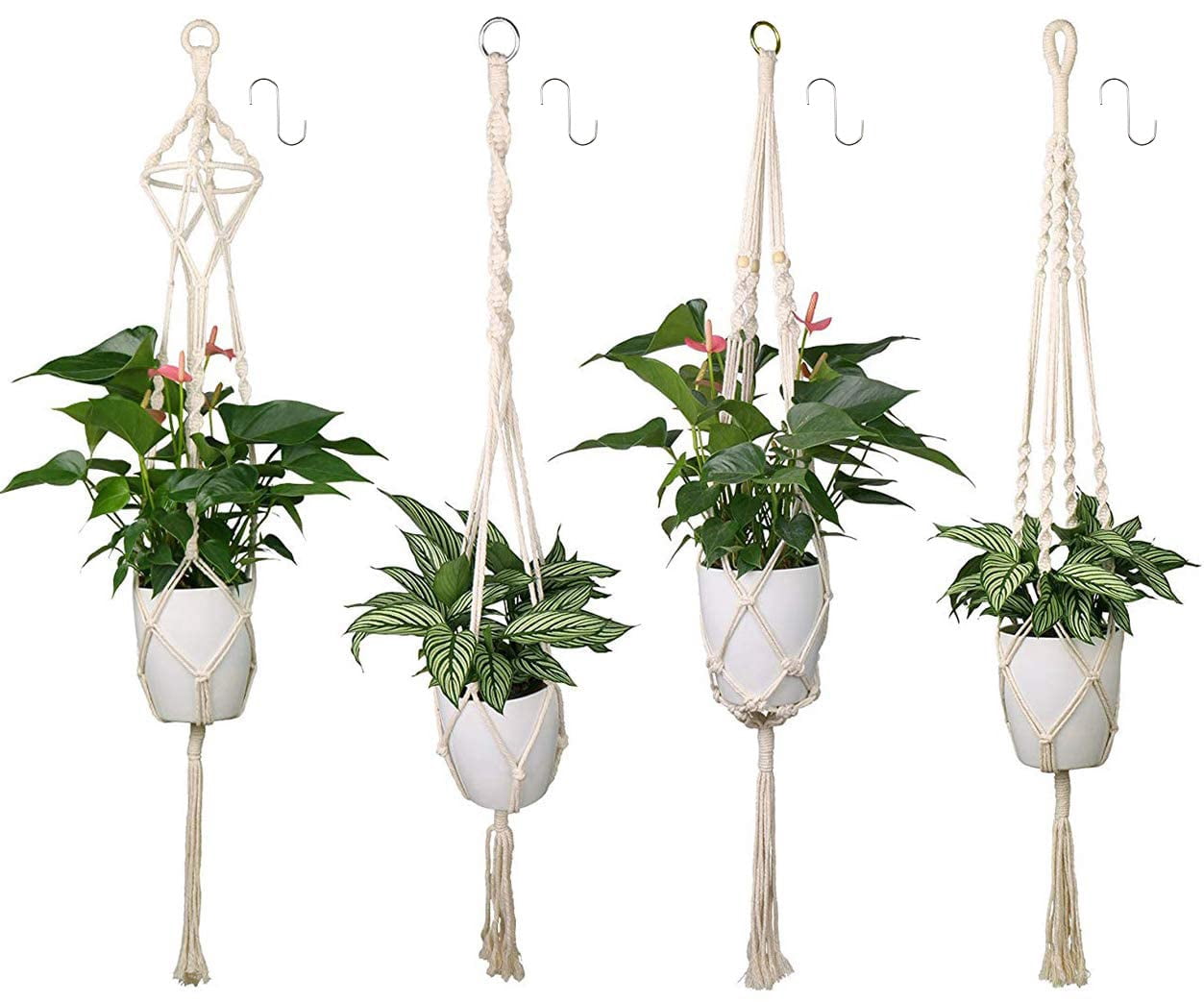 DISEN 4 Pack Macrame Plant Hangers Indoor White Cotton Rope Flower Pot ...