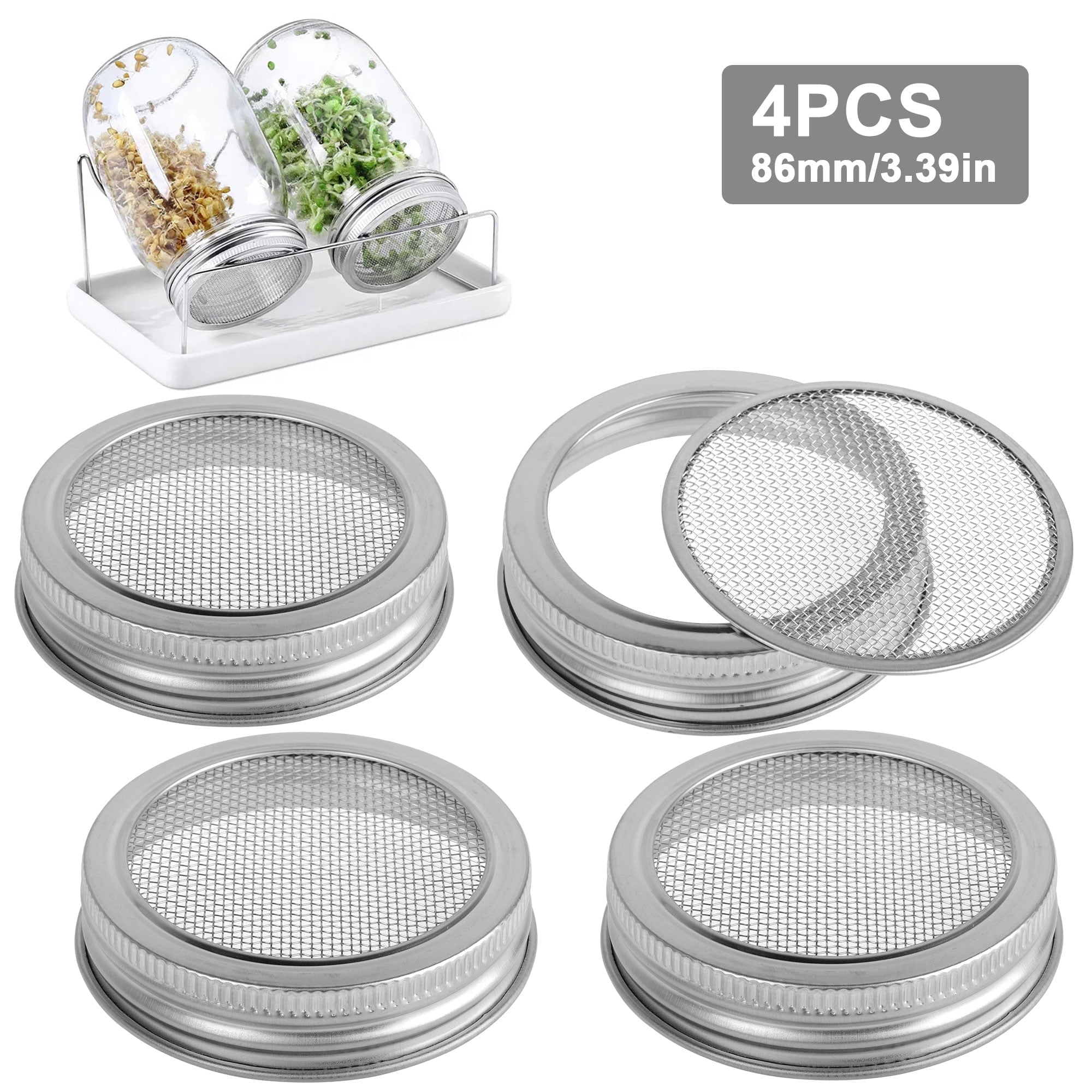DISEN 4pcs 86mm Sprouting Lids for Wide Mouth Mason Jars, Stainless ...