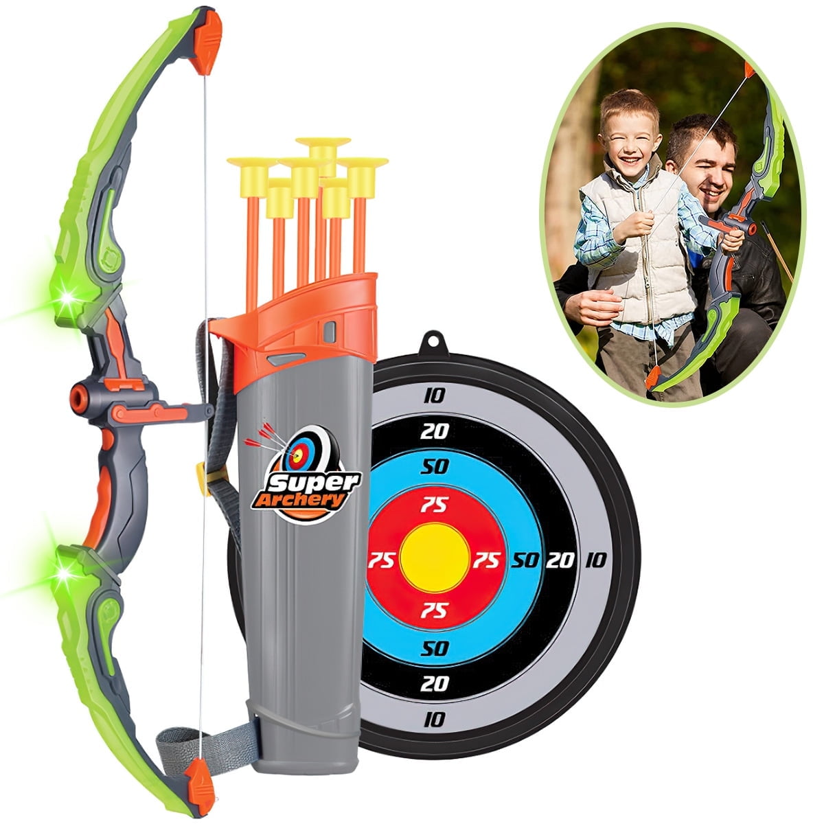 DISEN Bow and Arrow Toy Set for Kids LED Light Up Archery Set with 6 ...