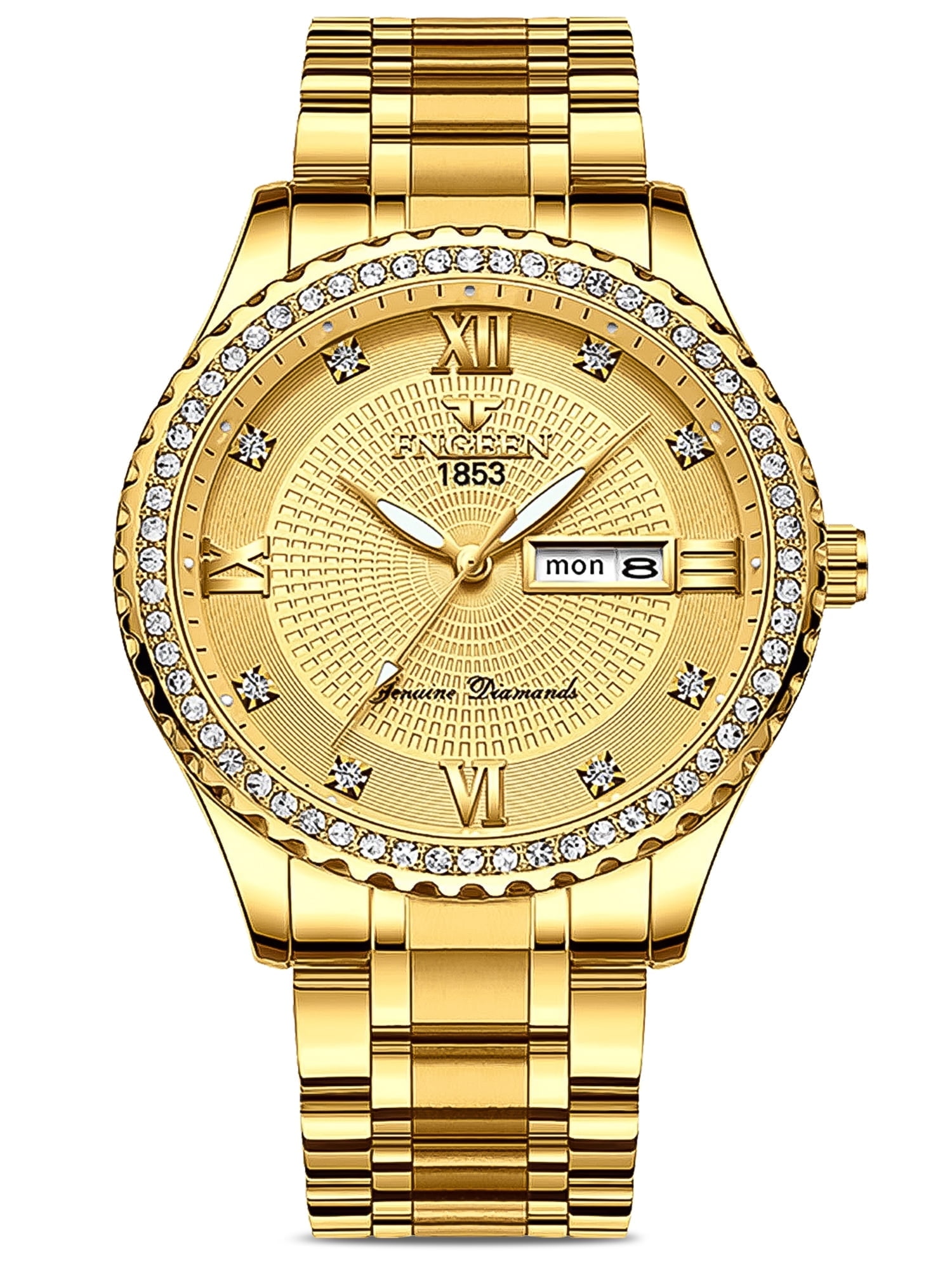 DISEN Classic Diamond Gold Watches for Men, Stainless Steel Waterproof ...