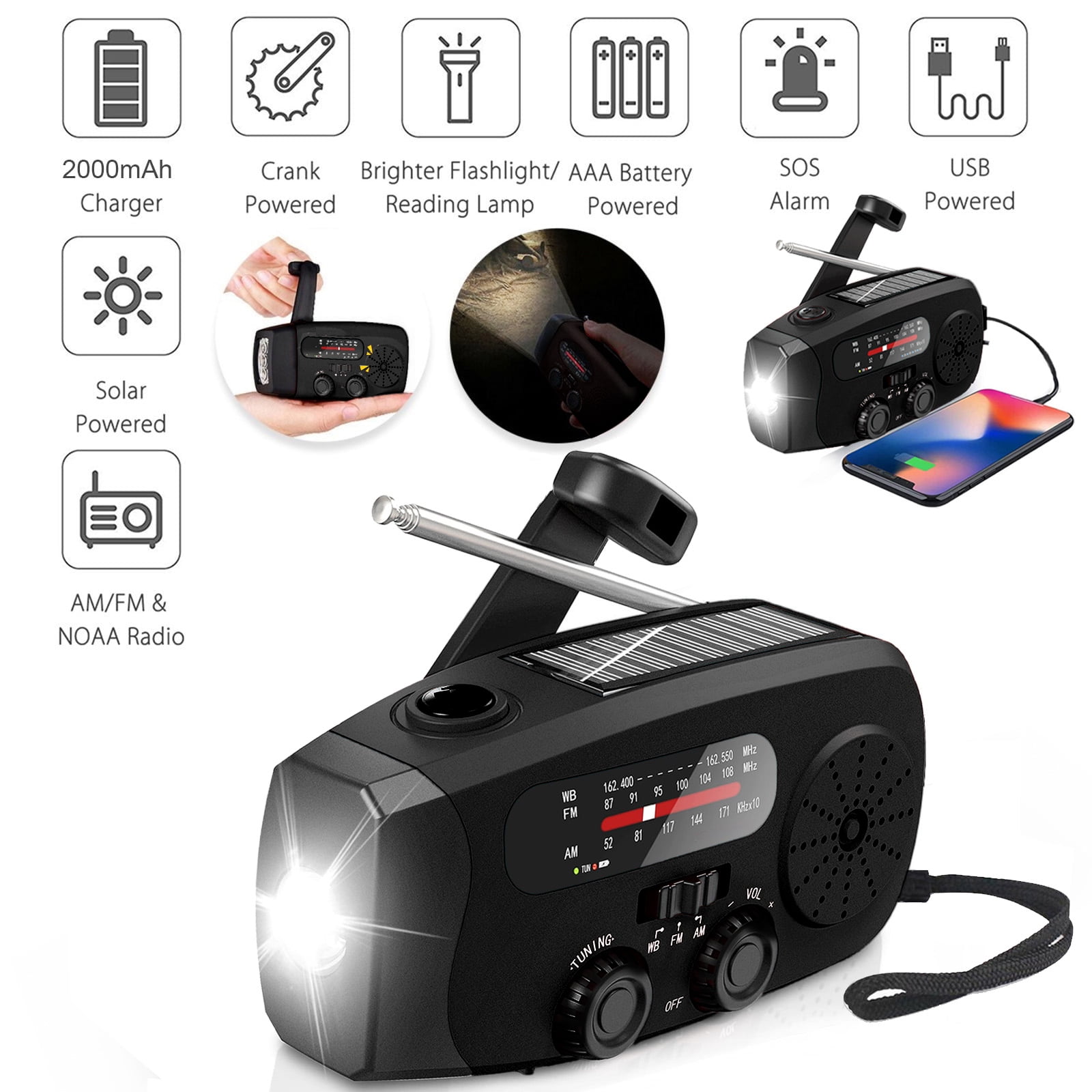 DISEN Emergency Radio, 2000mAh Solar Hand Crank, AM/FM/NOAA, Phone ...