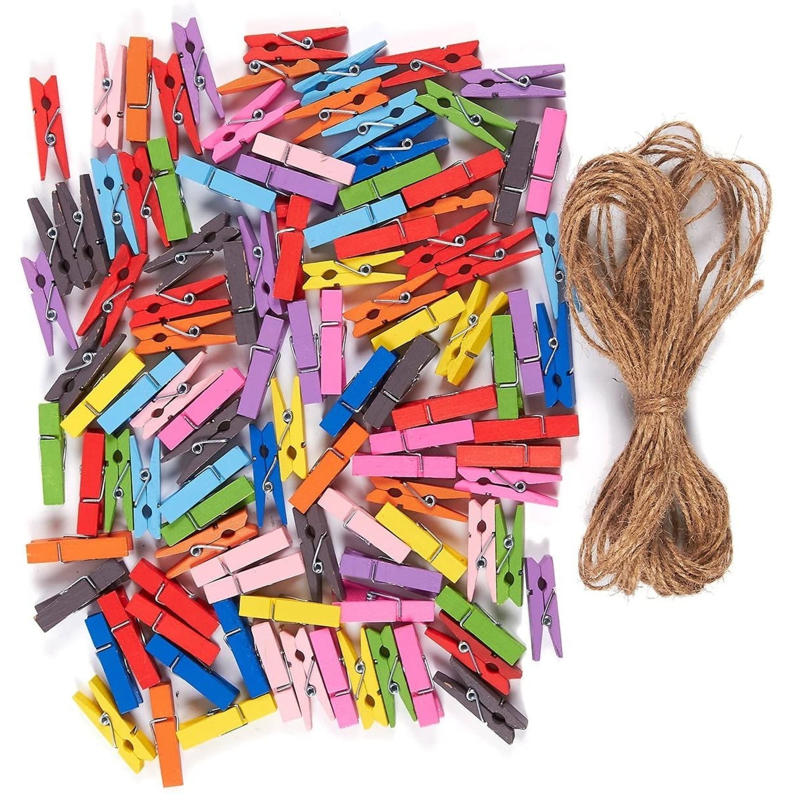 DISEN Mini Wooden Clothespins with Jute Twine for Crafts (1.4 in, 100 ...