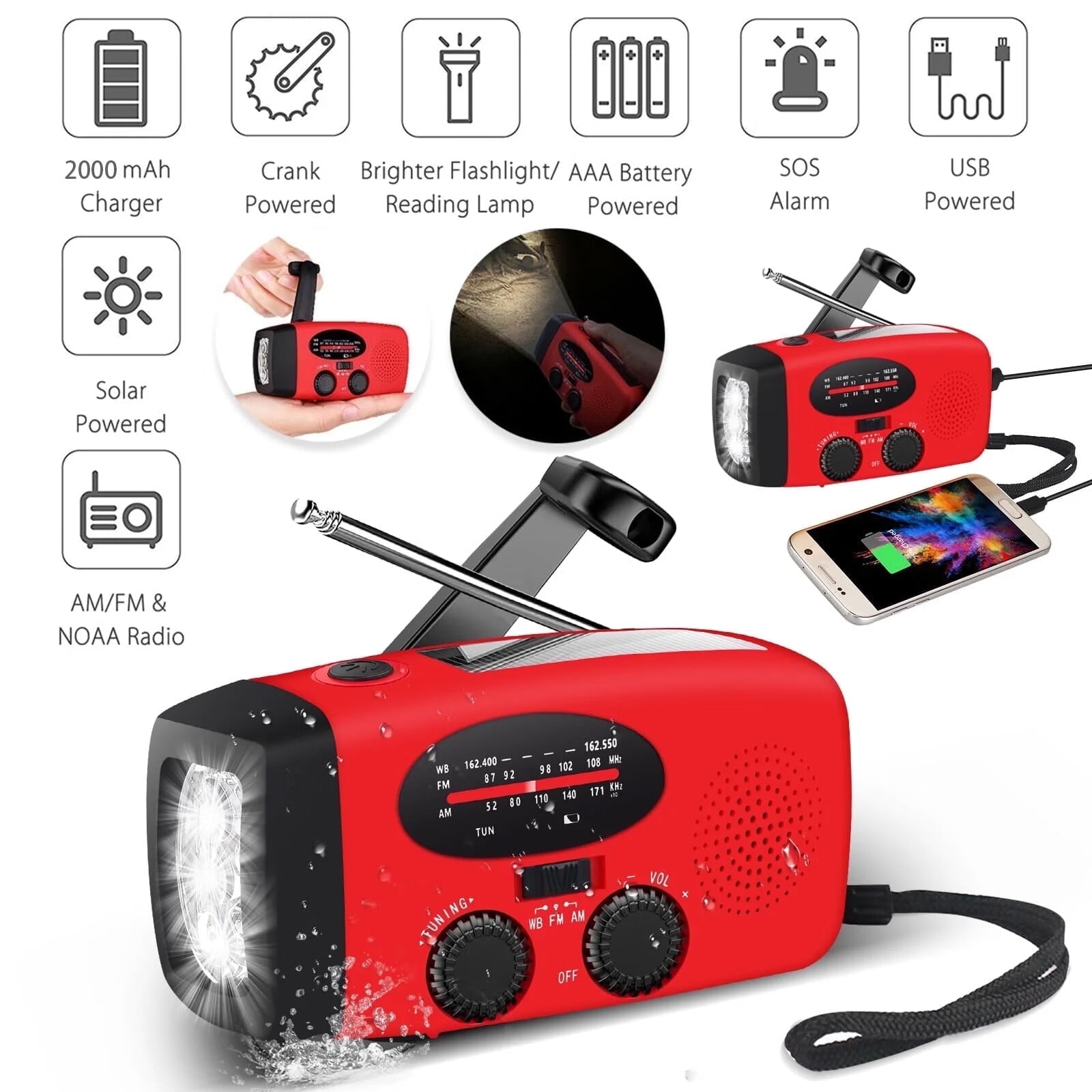 DISEN NOAA Emergency Weather Radio, 2000mAh Weather Alert Radio Solar ...