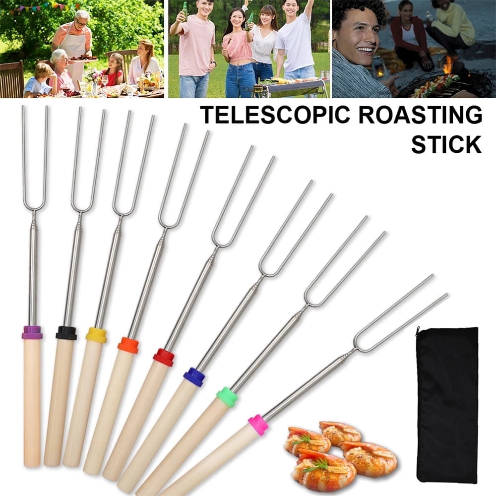 DISEN Set of 8 Marshmallow Roasting Sticks, Extendable Camping Skewers for Fire Pit, Wood Handle ...
