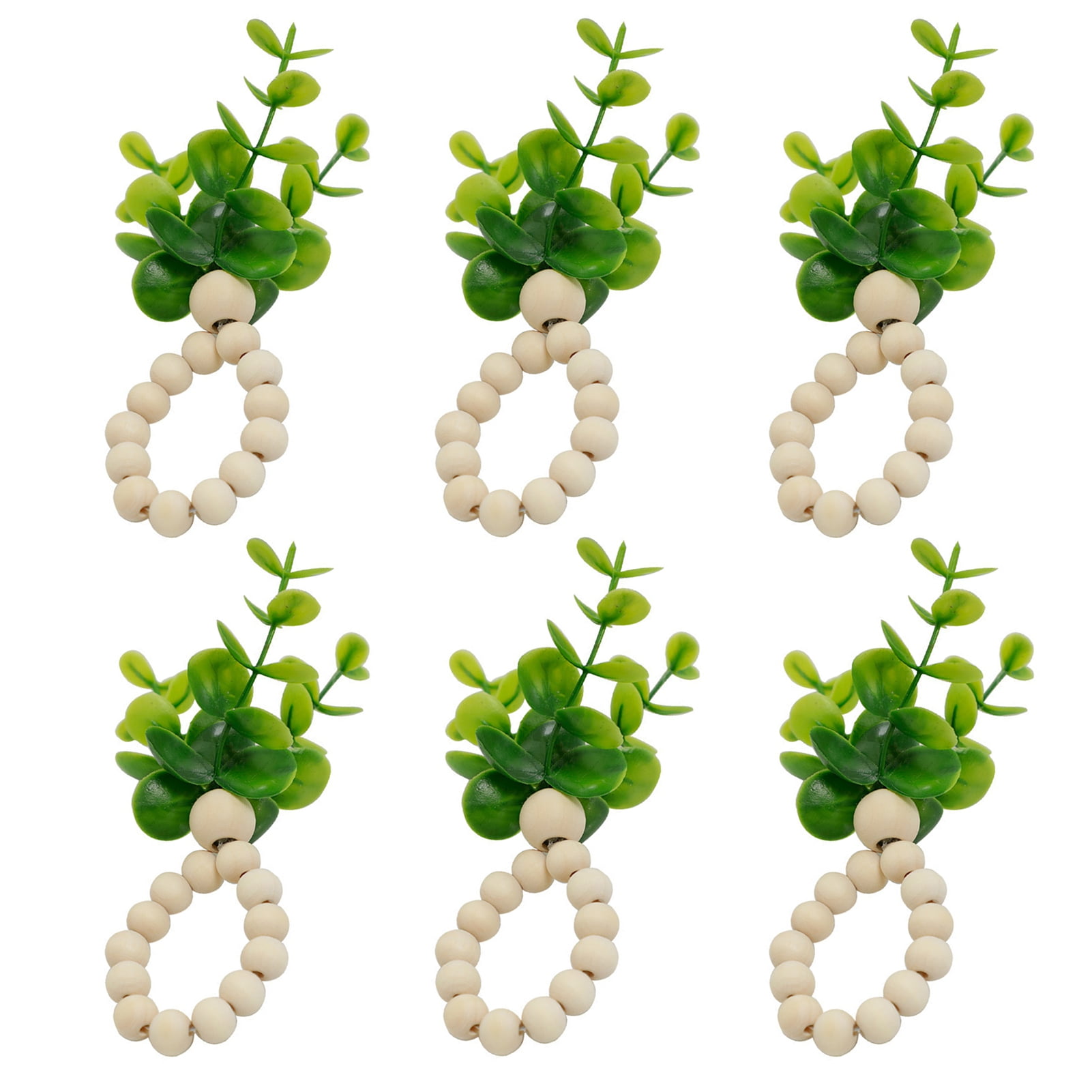 DISHAN Boho Style Napkin Rings Set of 6 Artificial Eucalyptus Napkin Rings Rustic Wooden Beads ...