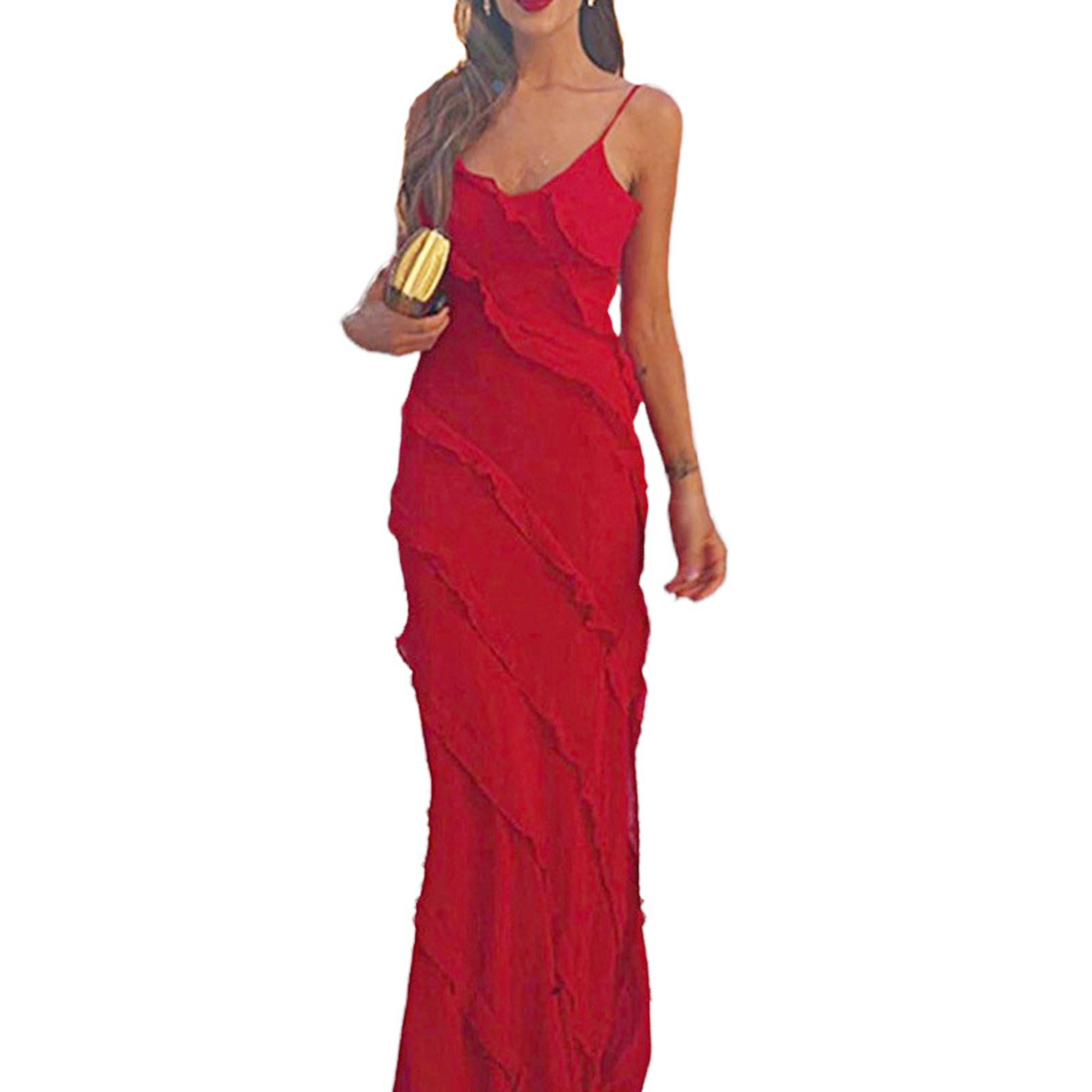 DISHAN Floor Length Slim Fit Evening Dress, Women's Low-cut V Neck ...