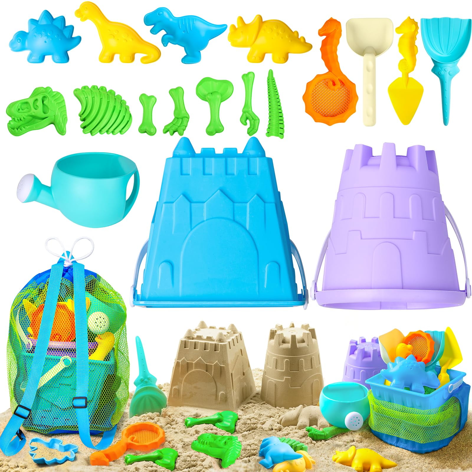 DISHIO Beach Sand Toys for Kids Sand Box Beach Toys with Mesh Bag, Sand Castle Bucket and Shovel ...