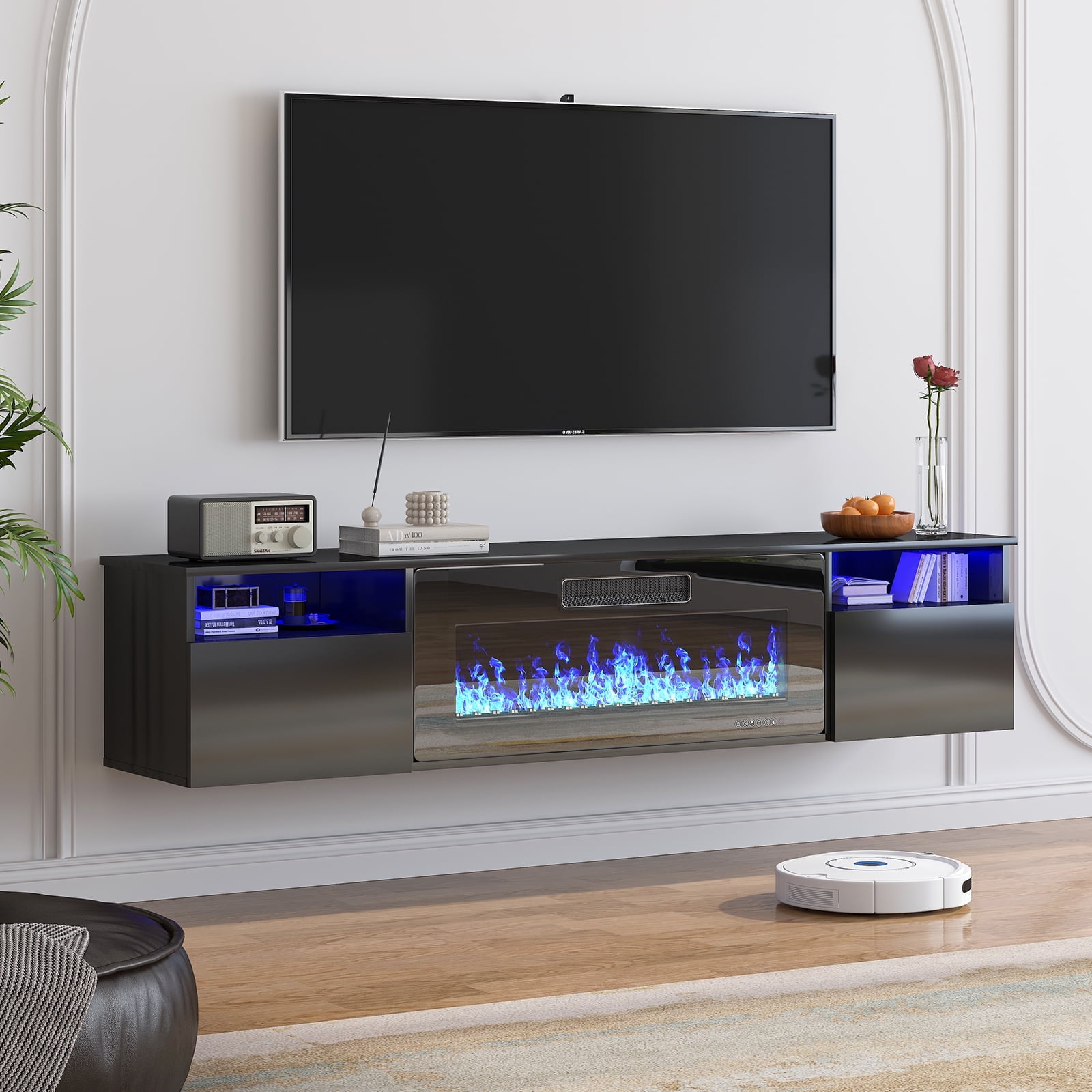 DISHUP 70’’Floating Fireplace TV Stand with 36''Electric Fireplace, Wall Mounted Entertainment ...