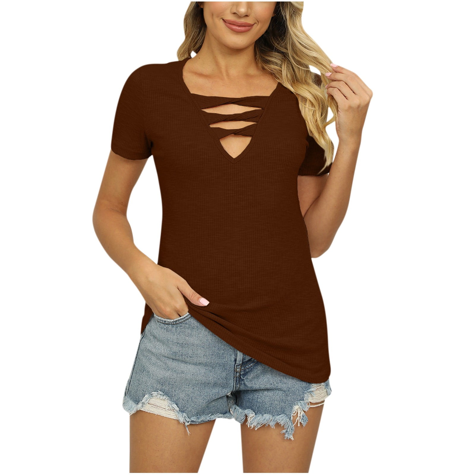 DISKEBUISS Women's Deep V-Neck Basic Tee - Summer Short Sleeve Casual ...