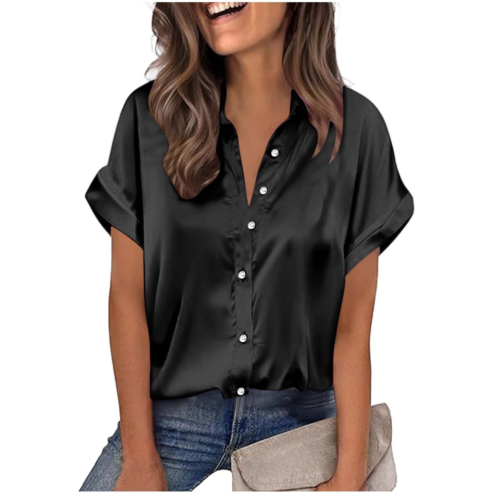 DISKEBUISS Women's Satin V-Neck Blouse - Button Front with Ruffle Cuffs ...