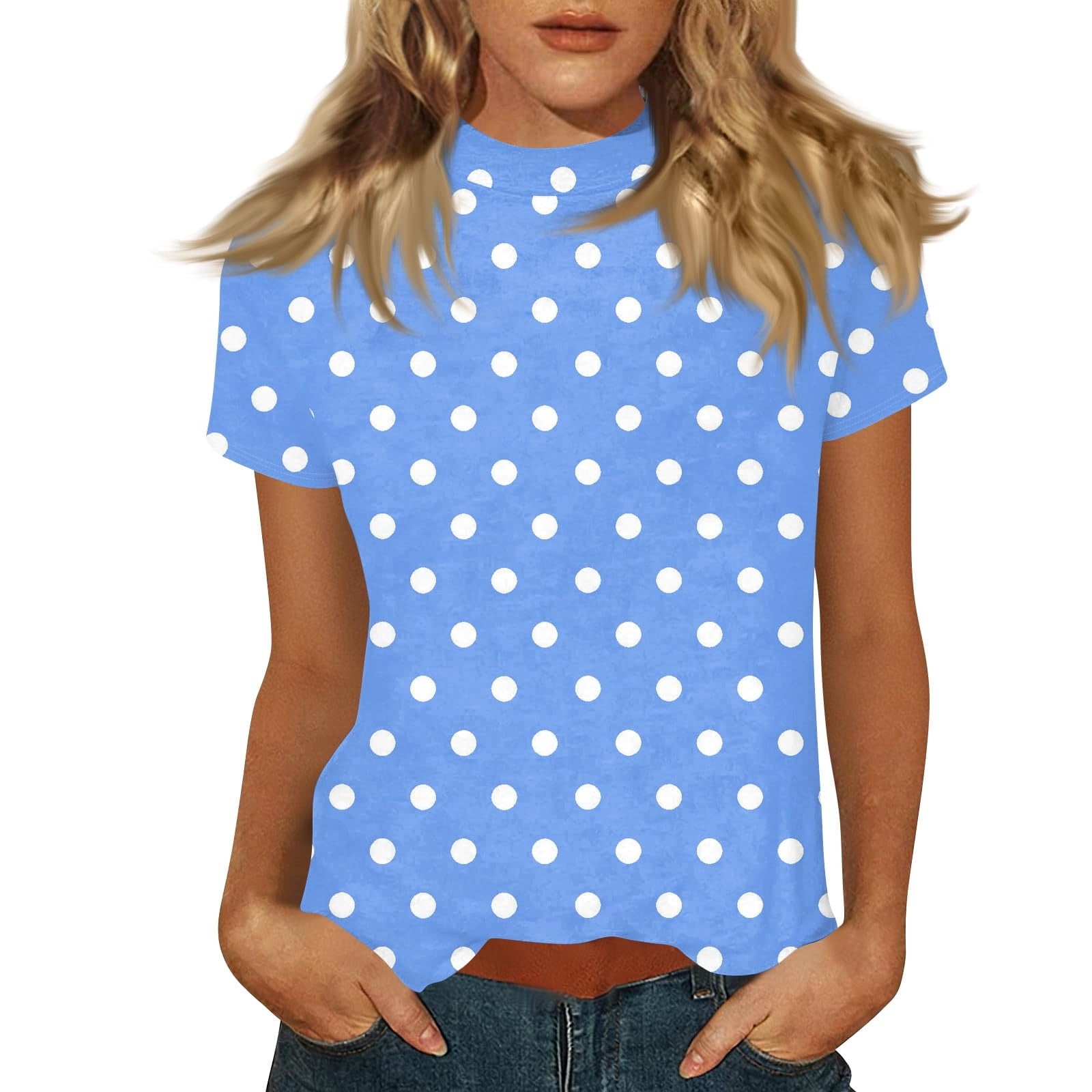 DISKEBUISS Women's Turtleneck Tops Fashion Polka Dot Print Short Sleeve ...