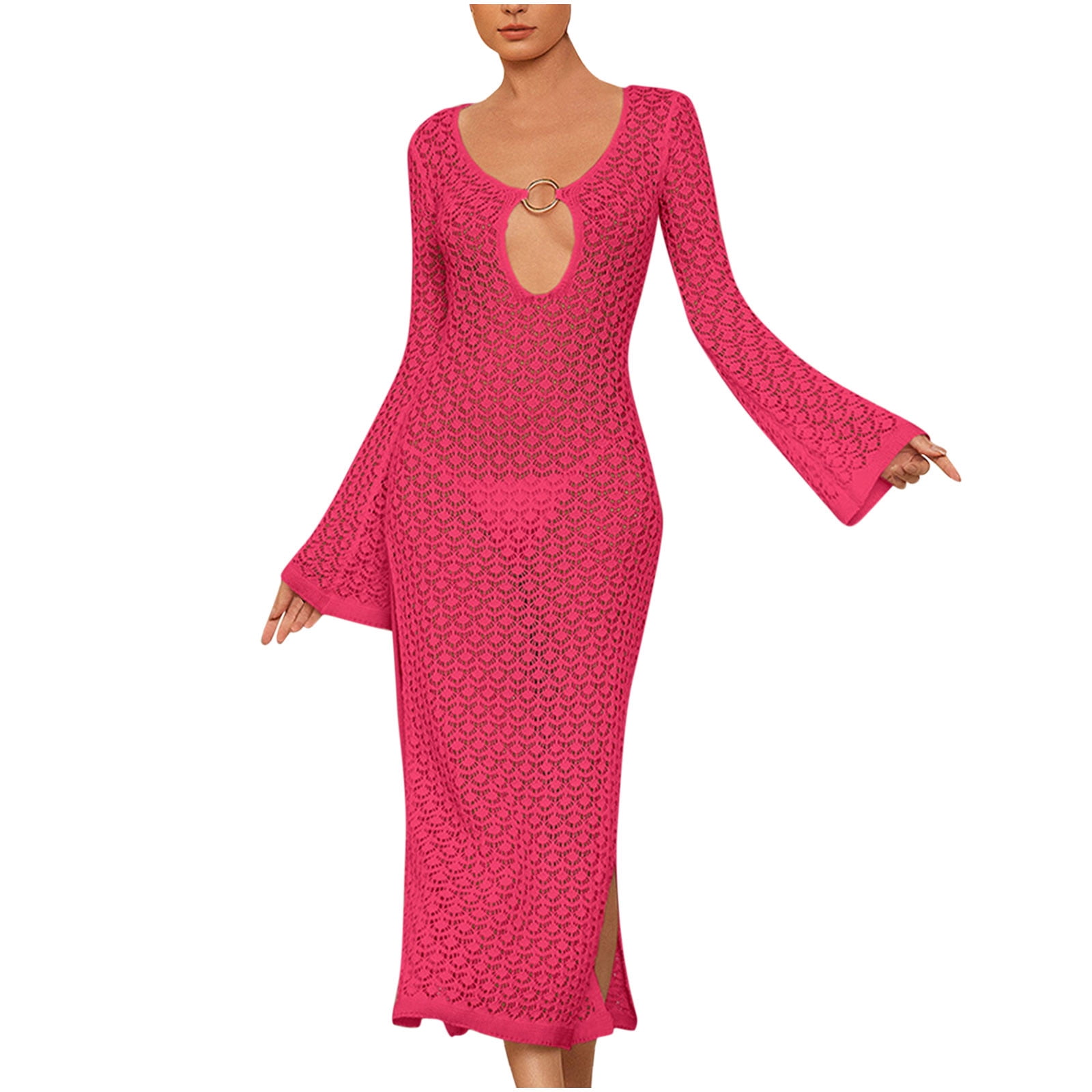 DISKEBUISS Womens Crochet Maxi Dress Mesh Long Sleeve Sexy V Neck ...