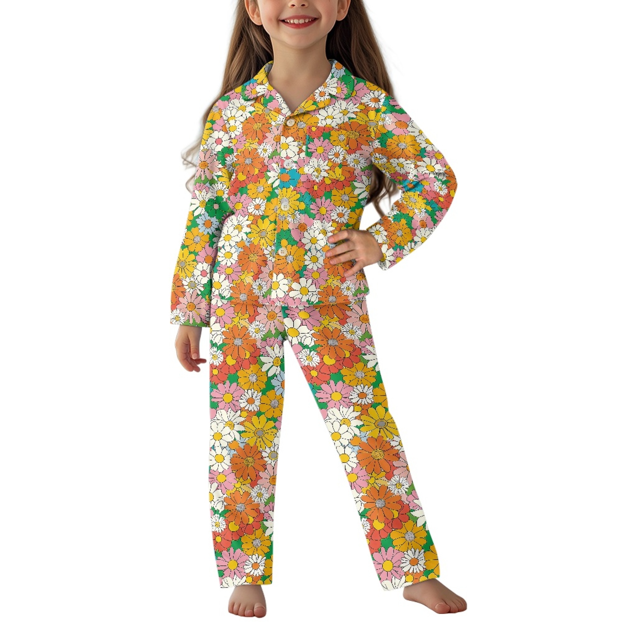 DISNIIMO Hippie Flower Pjs for Girls Pajamas Button Up Pajama Set Girl ...