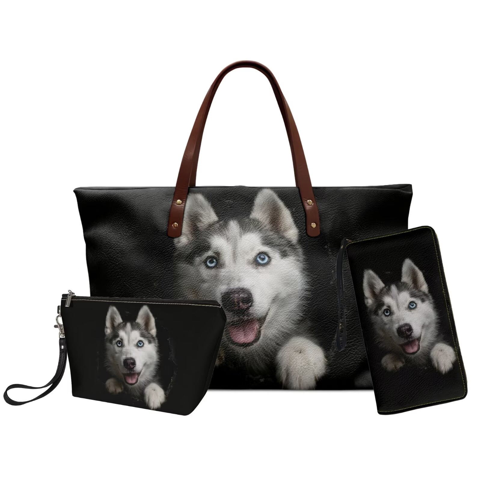 DISNIMO 3D Husky Print Handbag and Wallet with Cosmetic Bag PU Leather ...