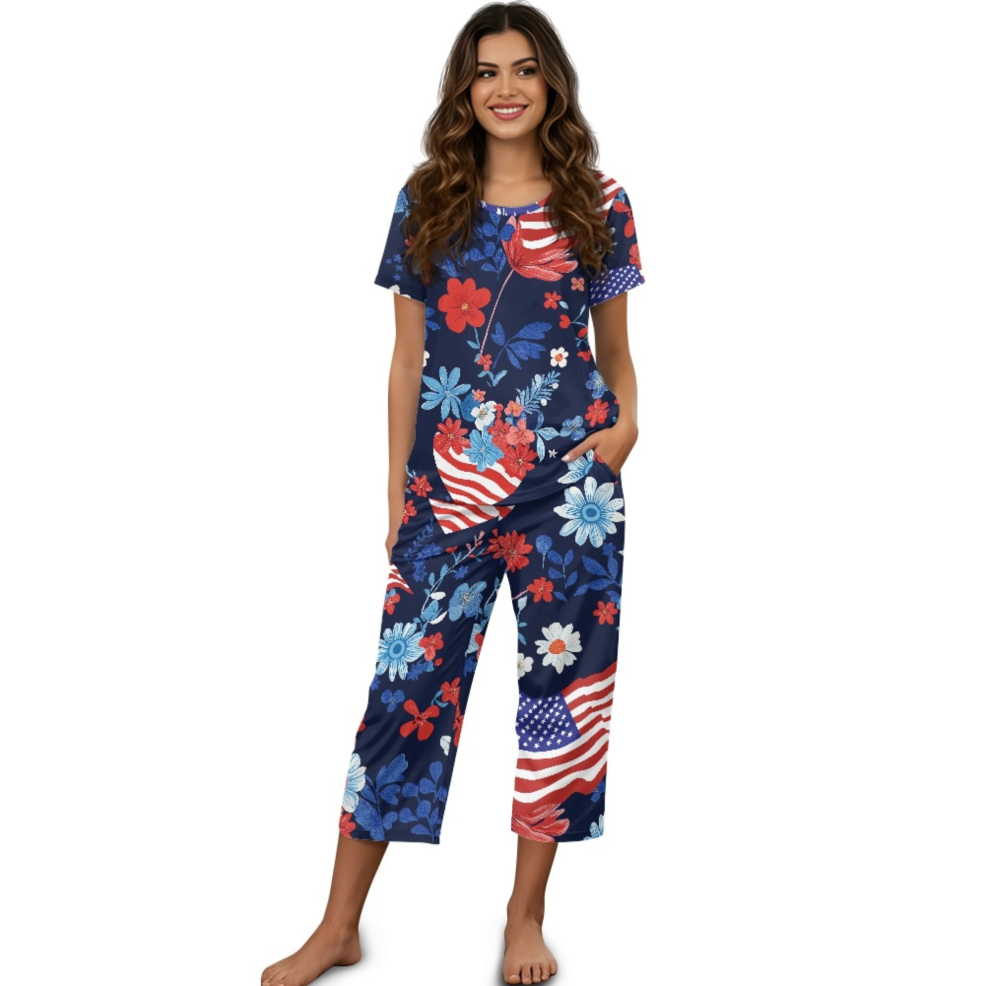 DISNIMO American Flag Printed Women's Short Sleeve Pajama Sets, Flower ...
