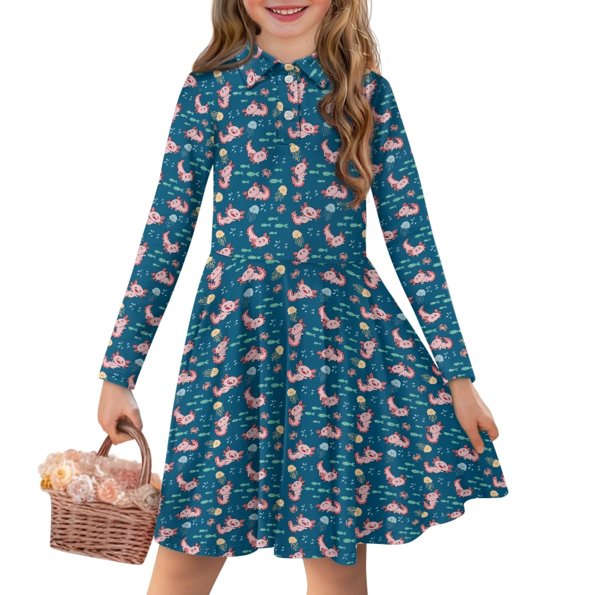DISNIMO Axolotl Dress Girls Fish Dress Youth Button Up Dresses for Girls 11-12 Years Old Child ...