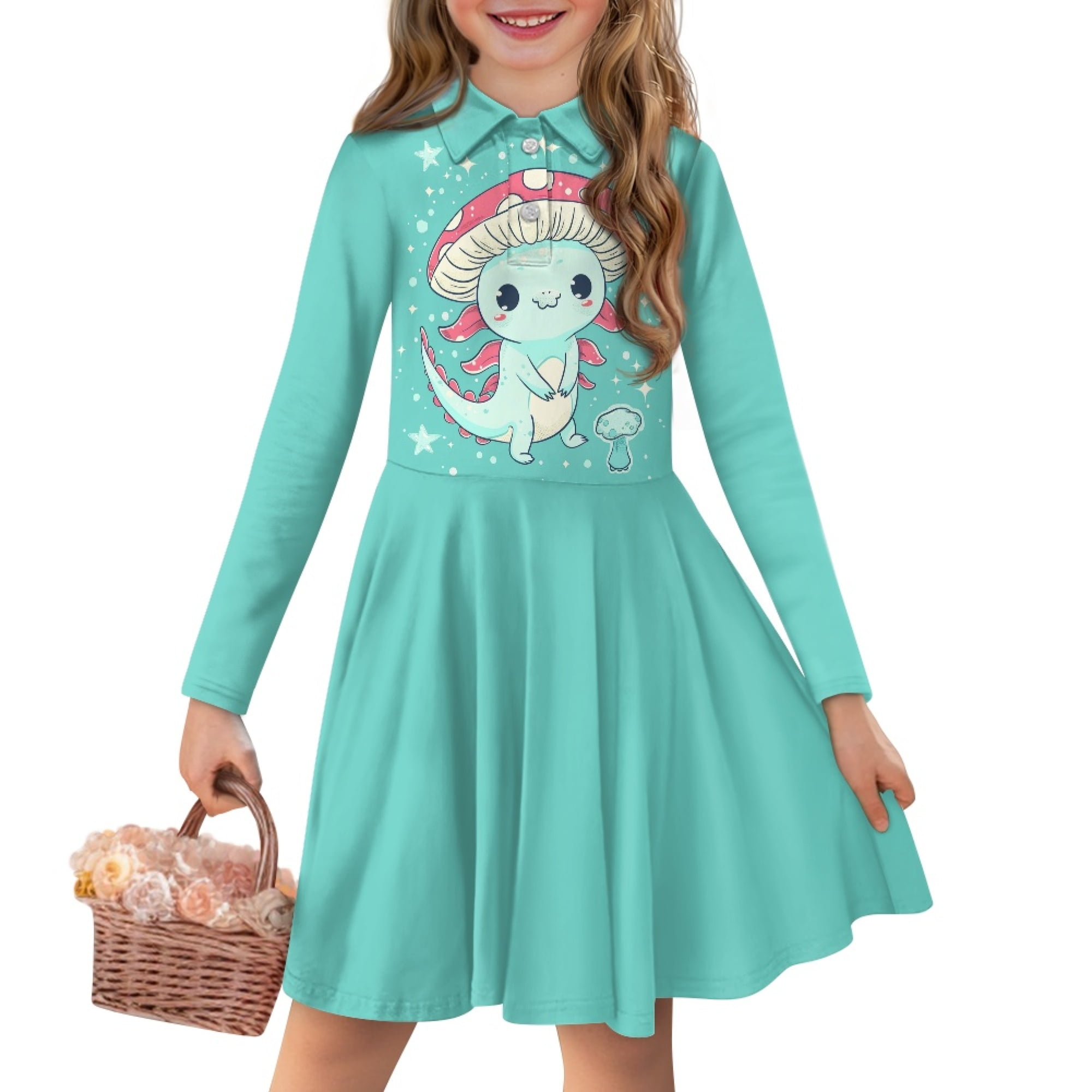 DISNIMO Axolotl Dress Girls Mushroom Dress Kids Collared Dress Child Twirling Dresses for Girls ...