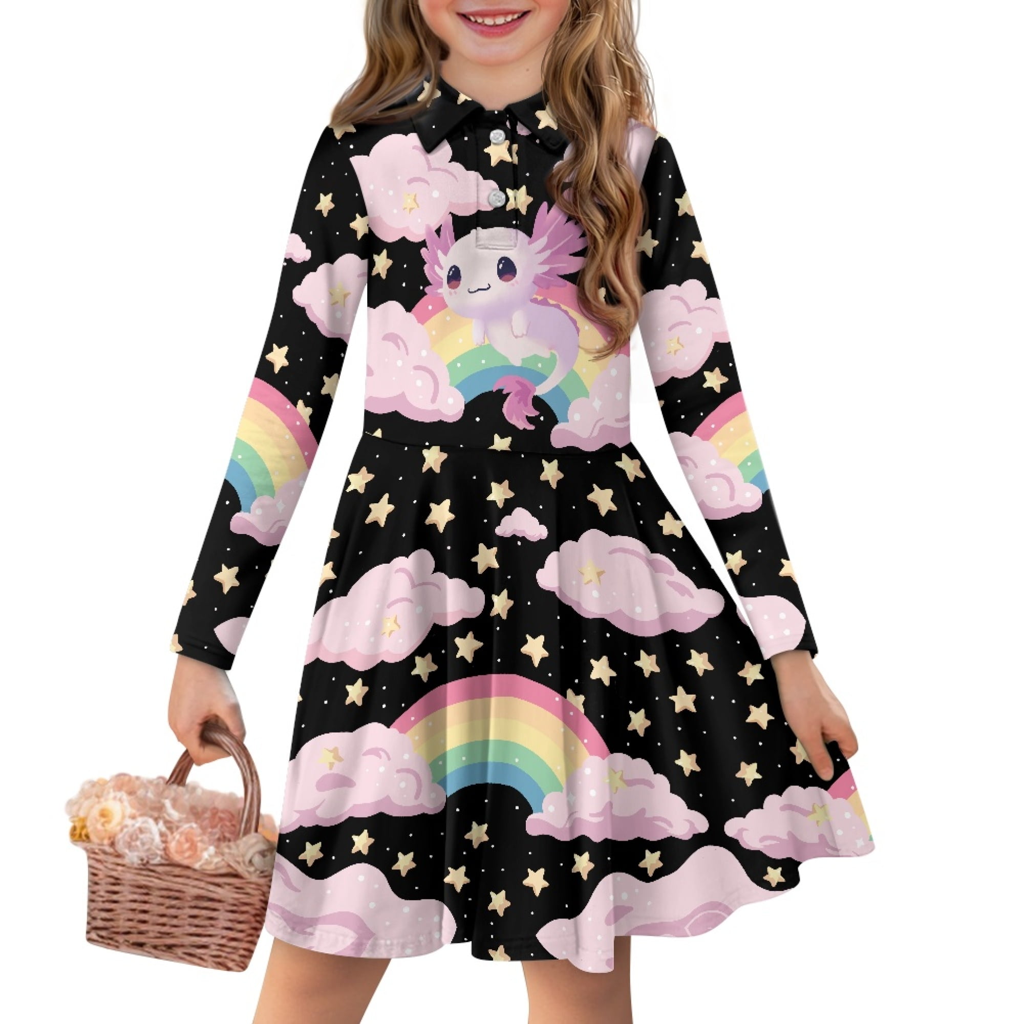 DISNIMO Axolotl Rainbow Dresses for Girls 5-6 Star Cloud Dress Kids Midi Dress Girls Fall Dance ...