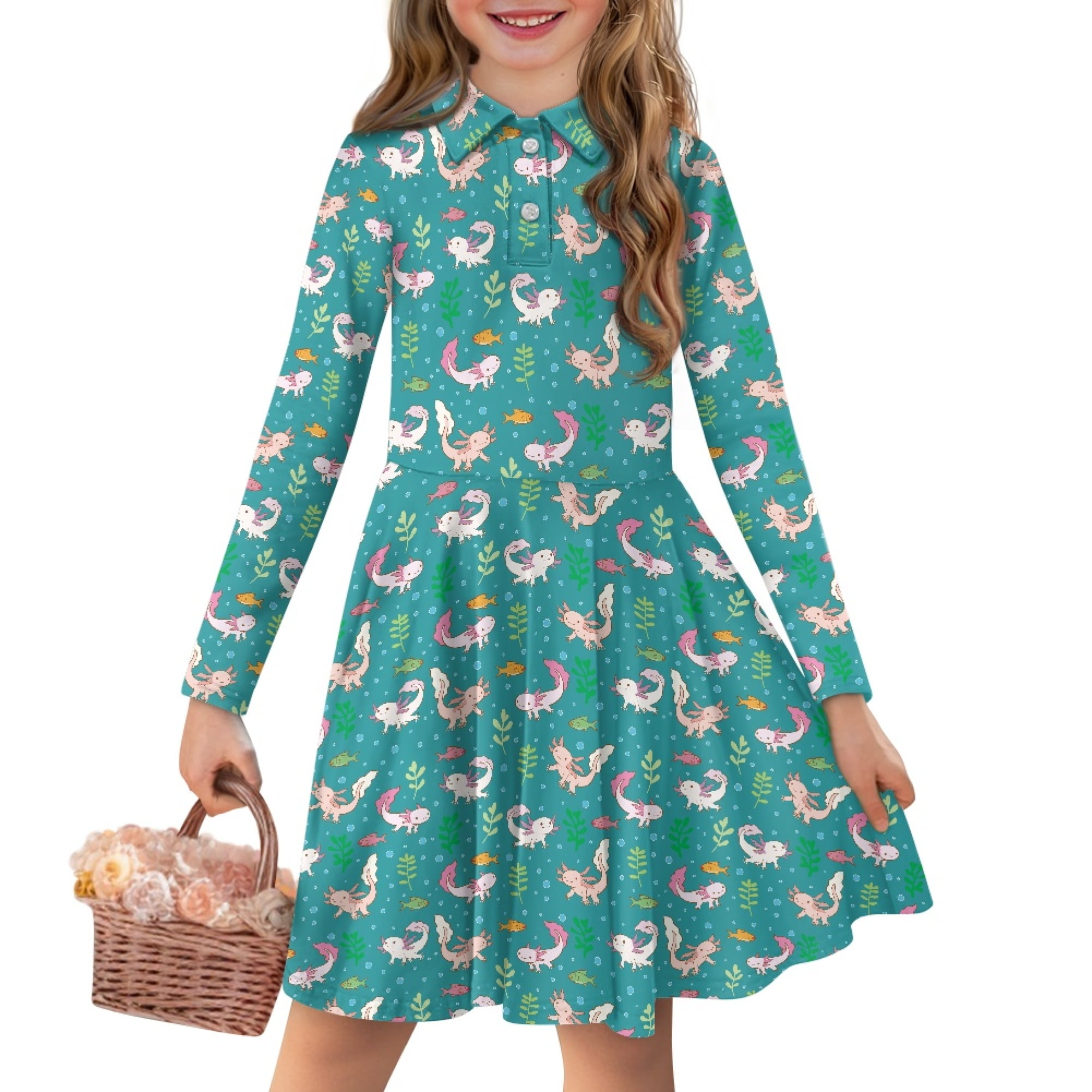 DISNIMO Axolotl Dresses for Kids Fish Dress Girls Leaf Dress Long Sleeve for Girls Midi Dresses ...