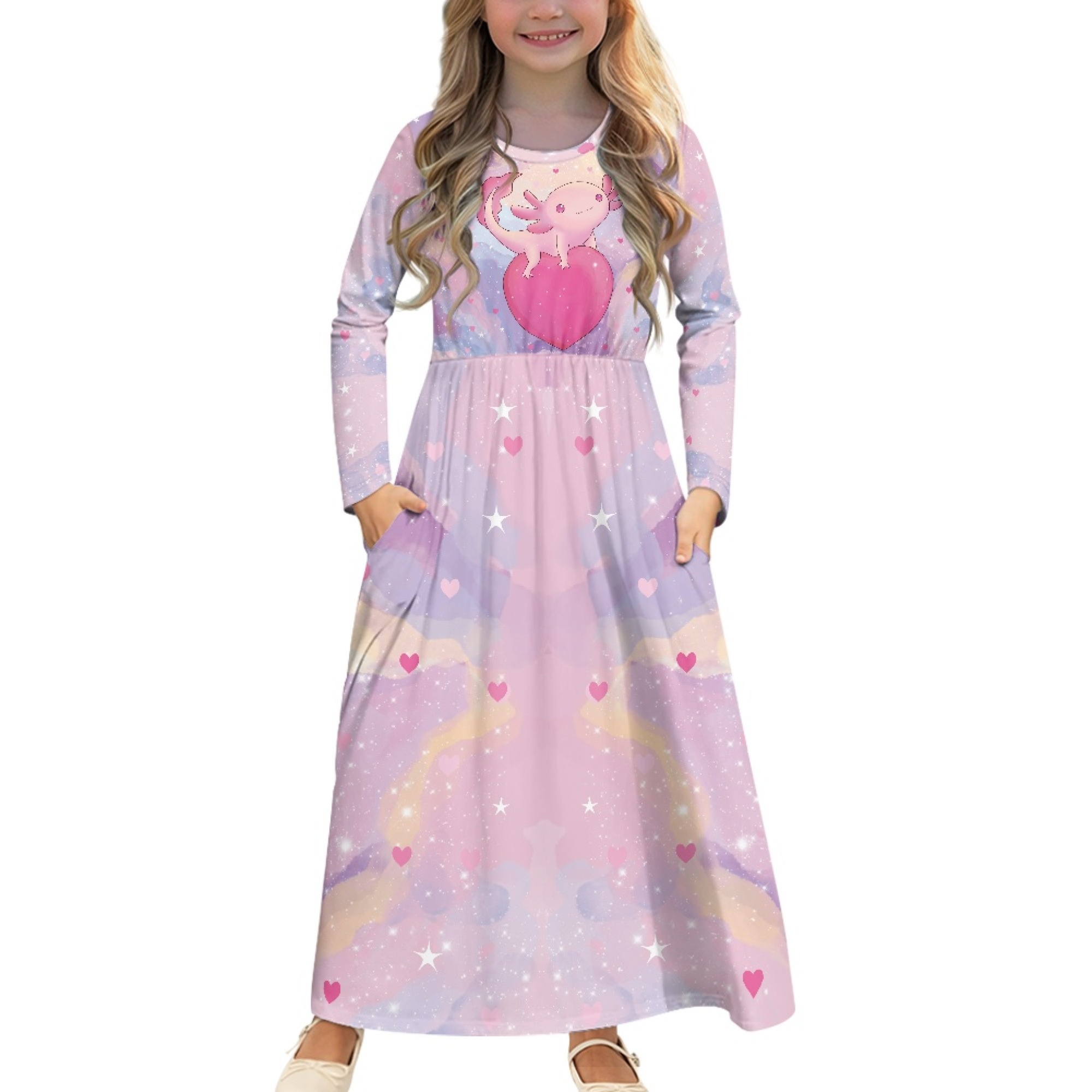 DISNIMO Axolotl Pink Cute Kids Dresses 13-14 Years Old Long Sleeve Girls Dress with Long Sleeves ...